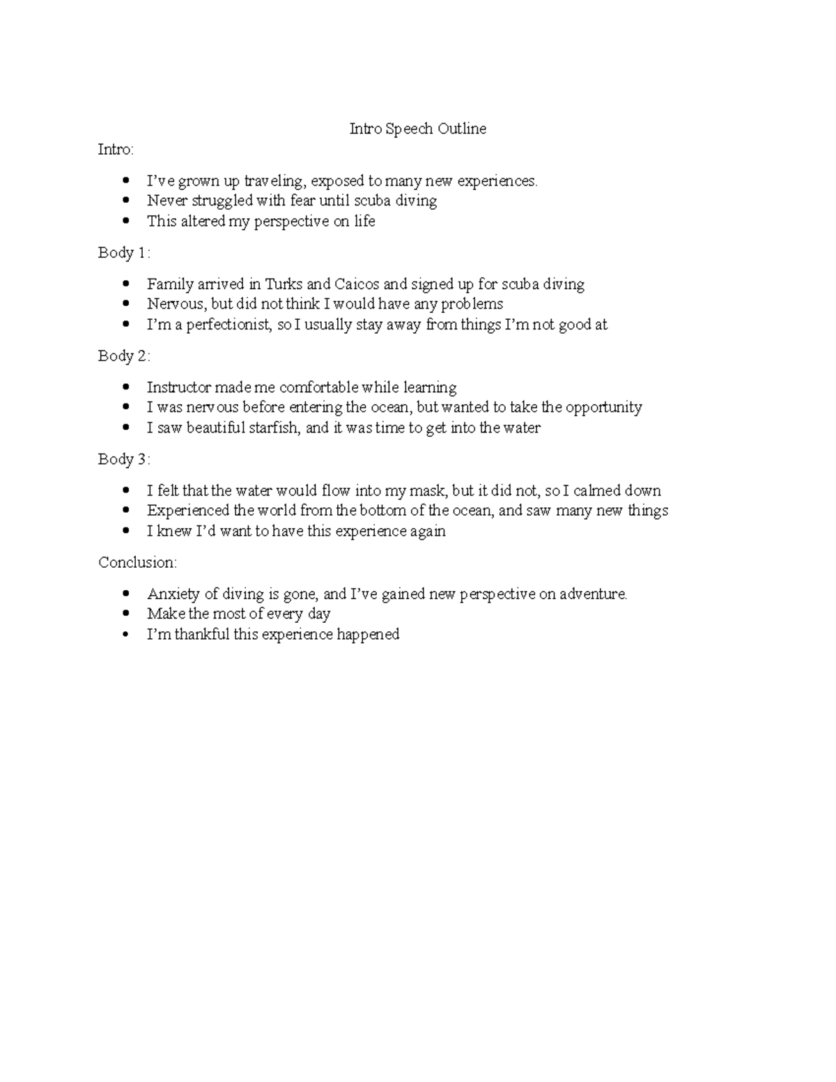 Introduction Speech outline - Intro Speech Outline Intro: I’ve grown up ...