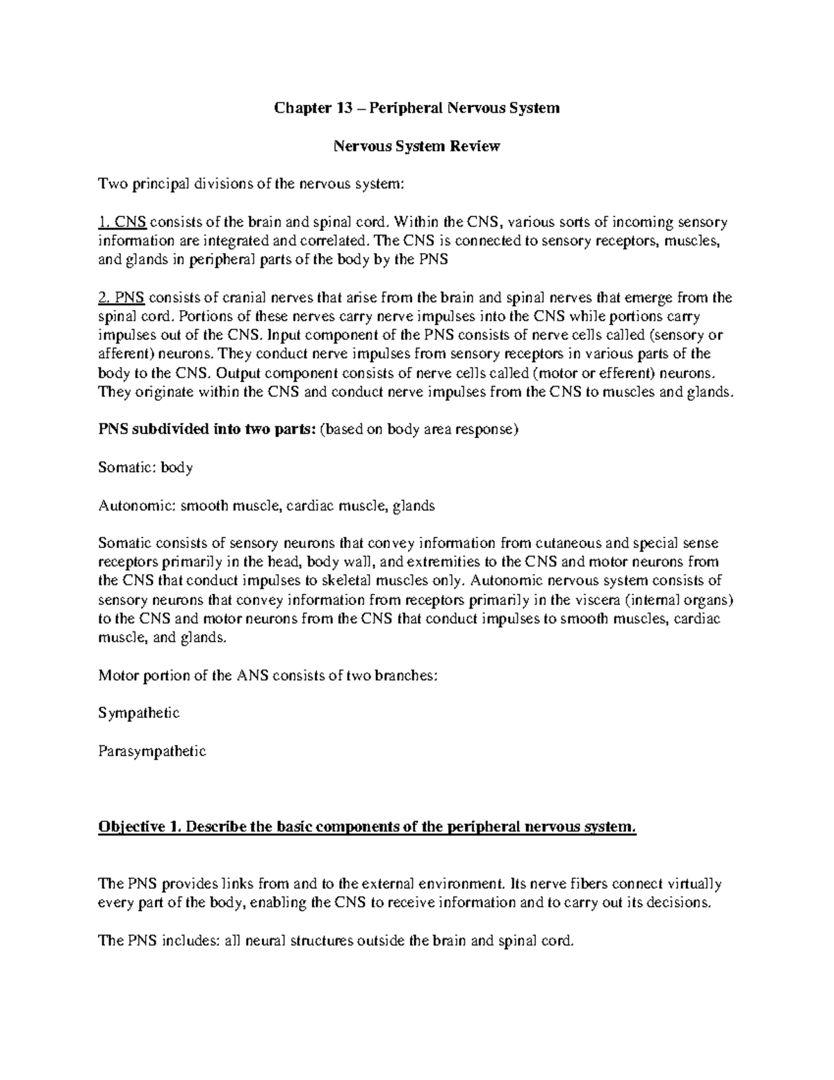 Chapter 13 notes - Chapter 13 – Peripheral Nervous System Nervous ...