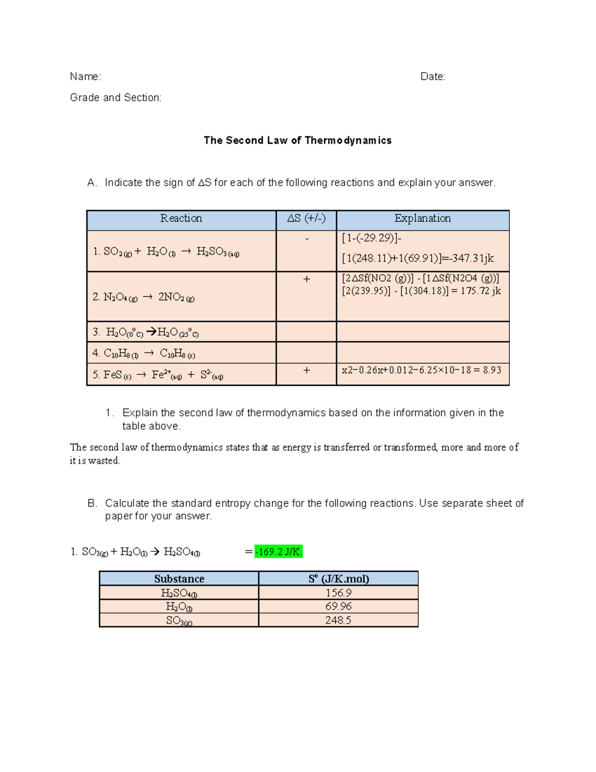 Activity-The Second Law of Thermodynamics - Name: Date: Grade and ...
