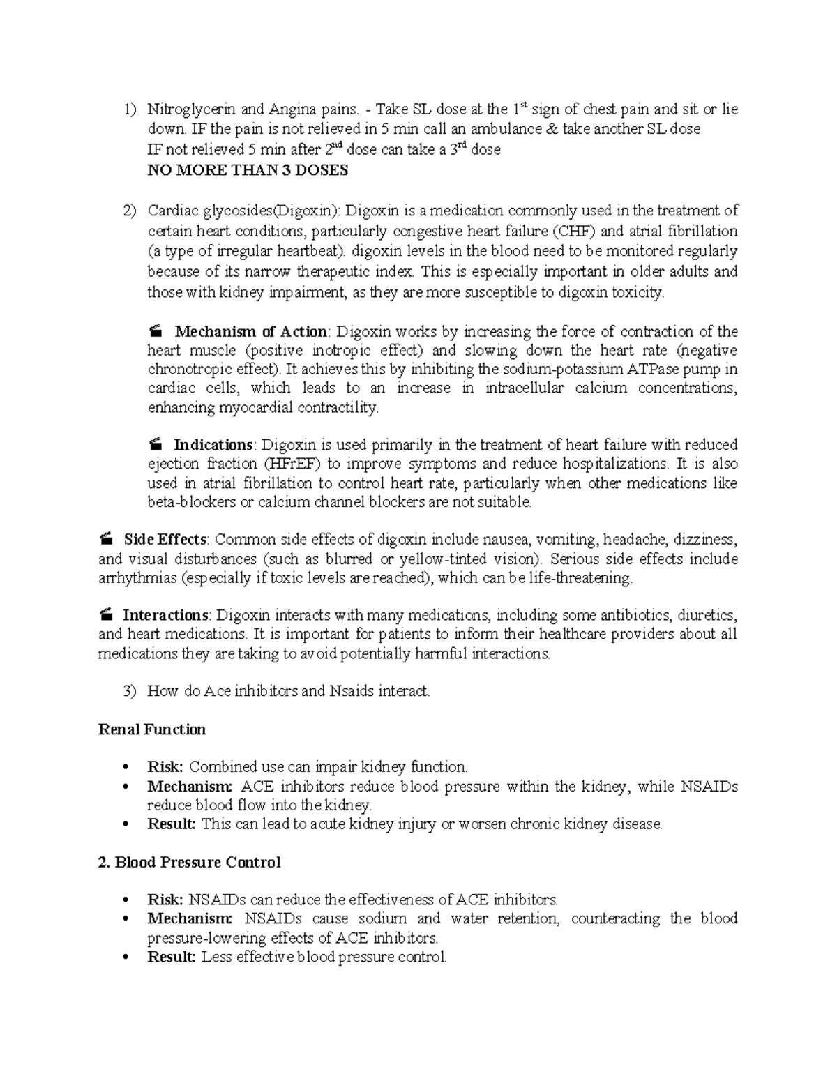 Pharm final review document - Nitroglycerin and Angina pains. - Take SL ...