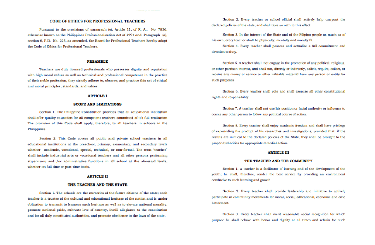 COde of ethics - The Teaching Profession - Studocu