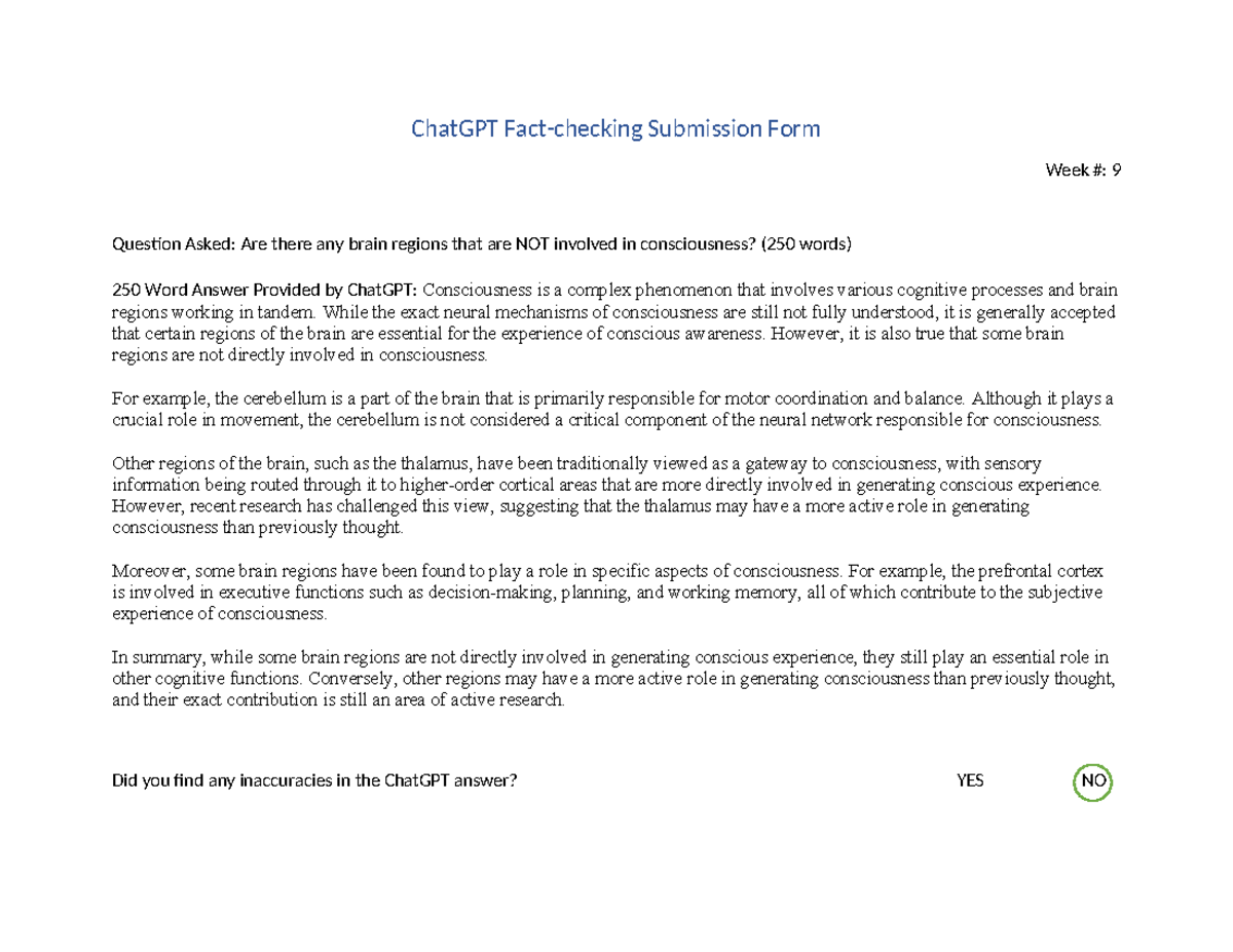 Chat GPT Fact-checking Assignment- Are there any brain regions that are NOT involved in - Studocu
