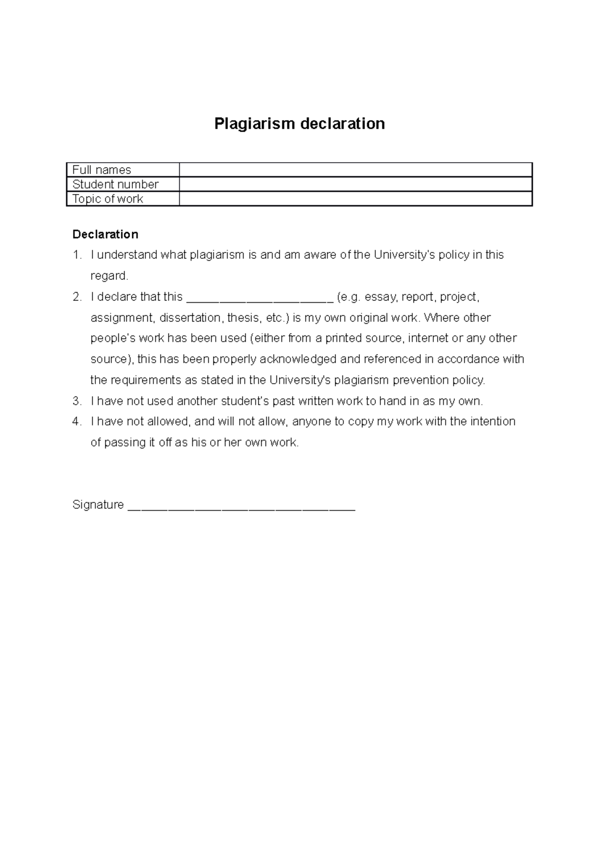 Plagiarism declaration - Plagiarism declaration Full names Student ...