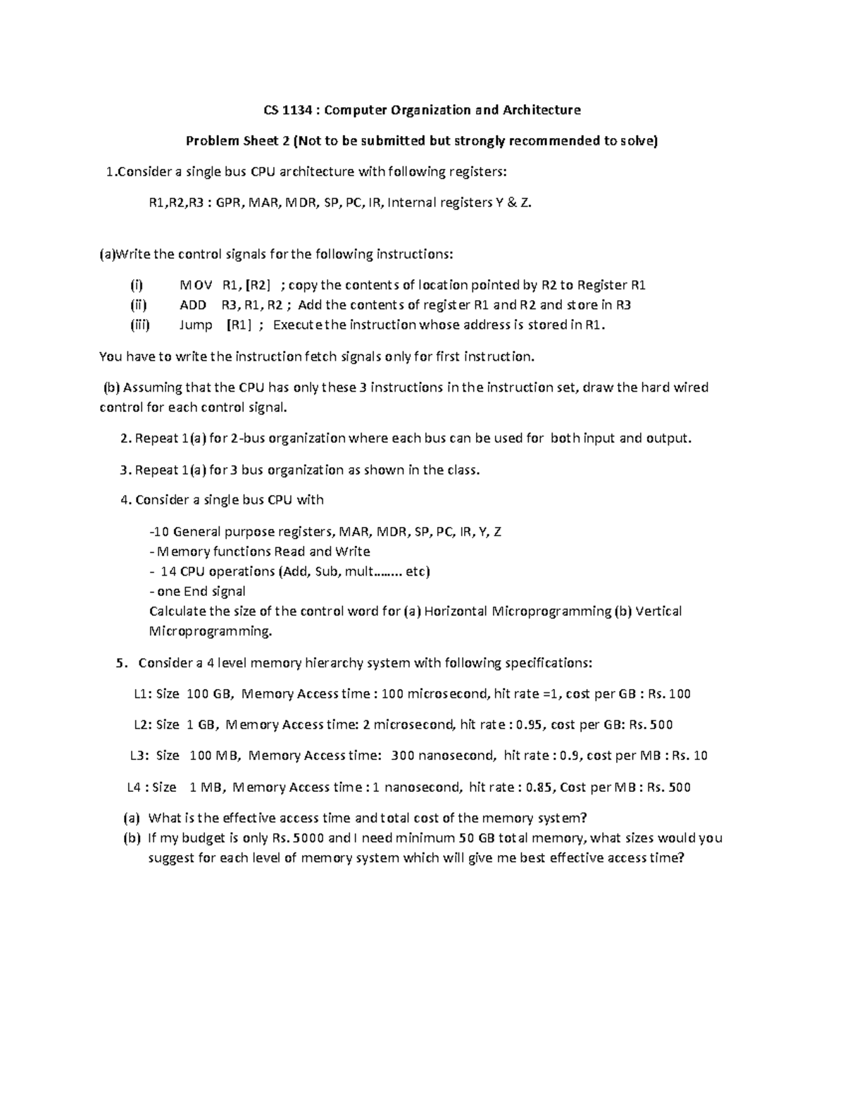 practice sheets for COA and DSA - CS 1134 : Computer Organization and ...
