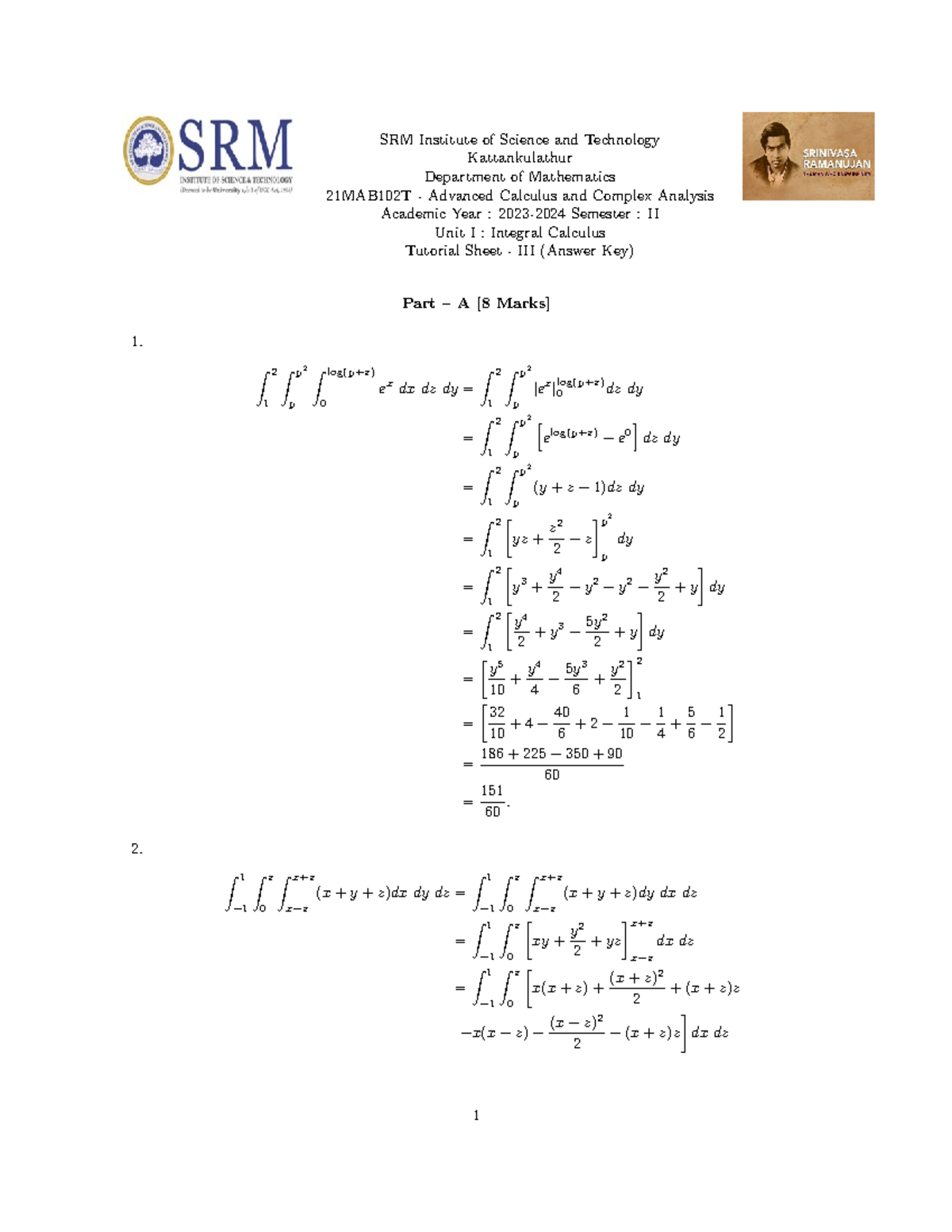 Tutorial 3 Answer Key - SRM Institute of Science and Technology Kattankulathur Department of ...