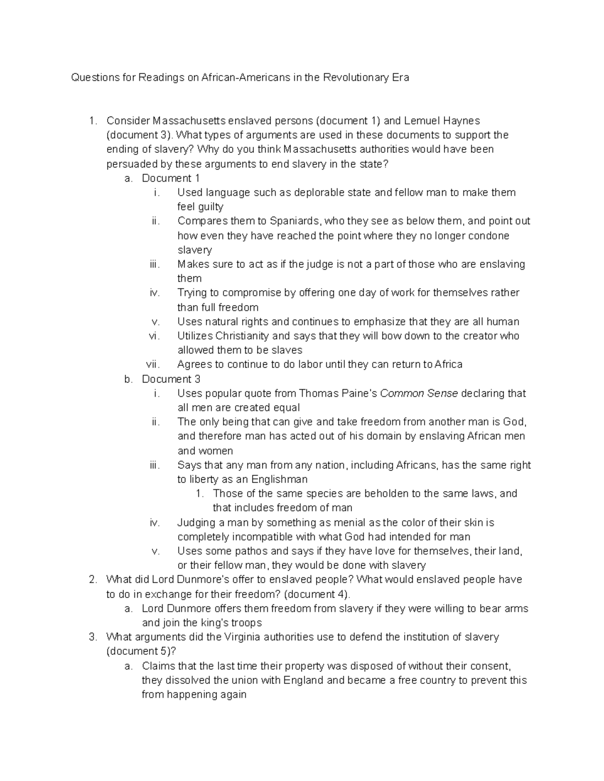 African Americans in the Revolutionary Era Lecture - Questions for ...