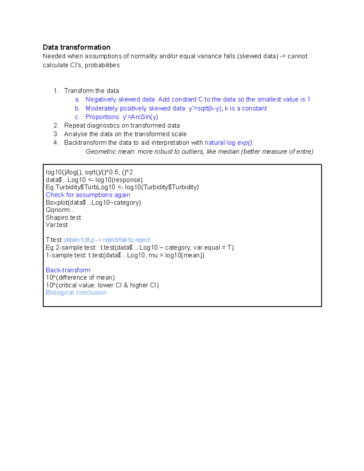 Data transformation notes - Data transformation Needed when assumptions ...