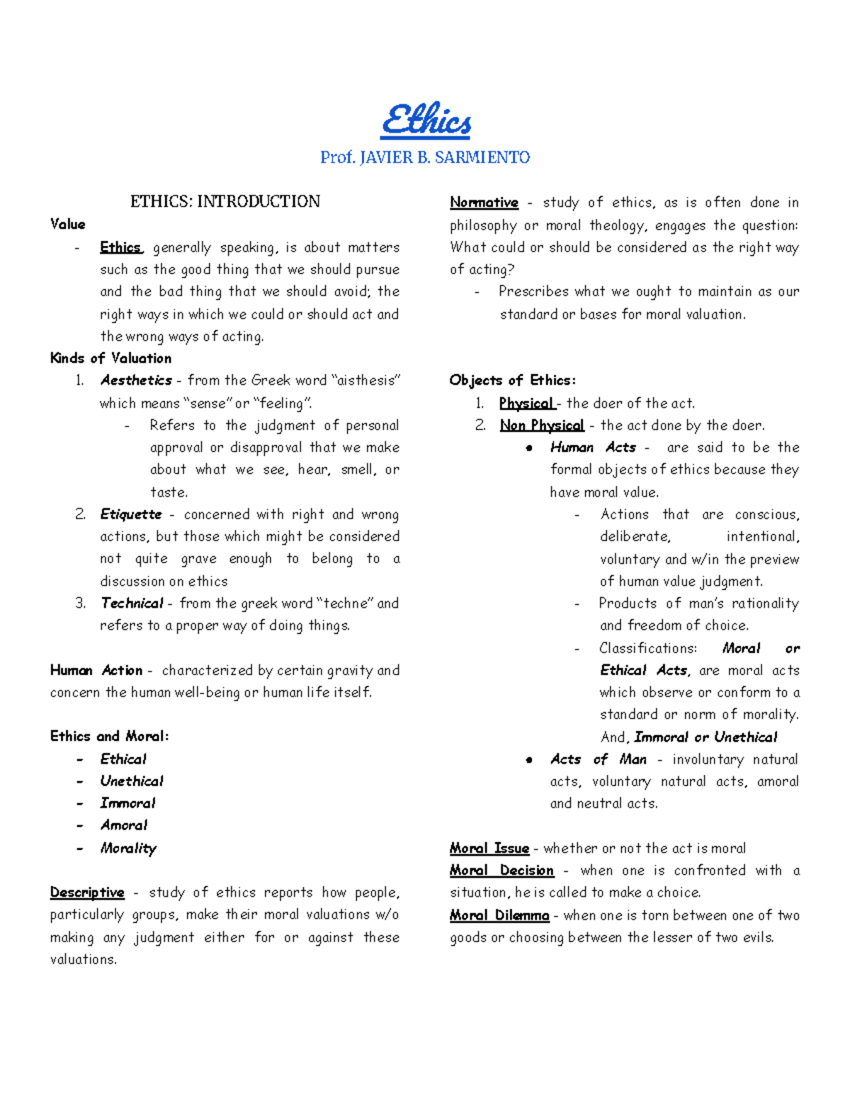 Ethics Midterm ( Reviewer) - Ethic Prof. JAVIER B. SARMIENTO ETHICS ...