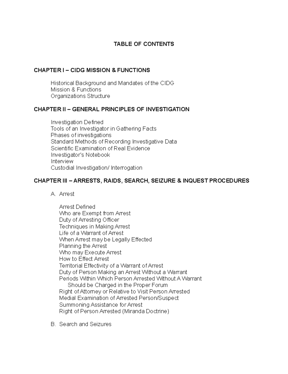 (1)Criminal Investigation Manual - TABLE OF CONTENTS CHAPTER I – CIDG ...