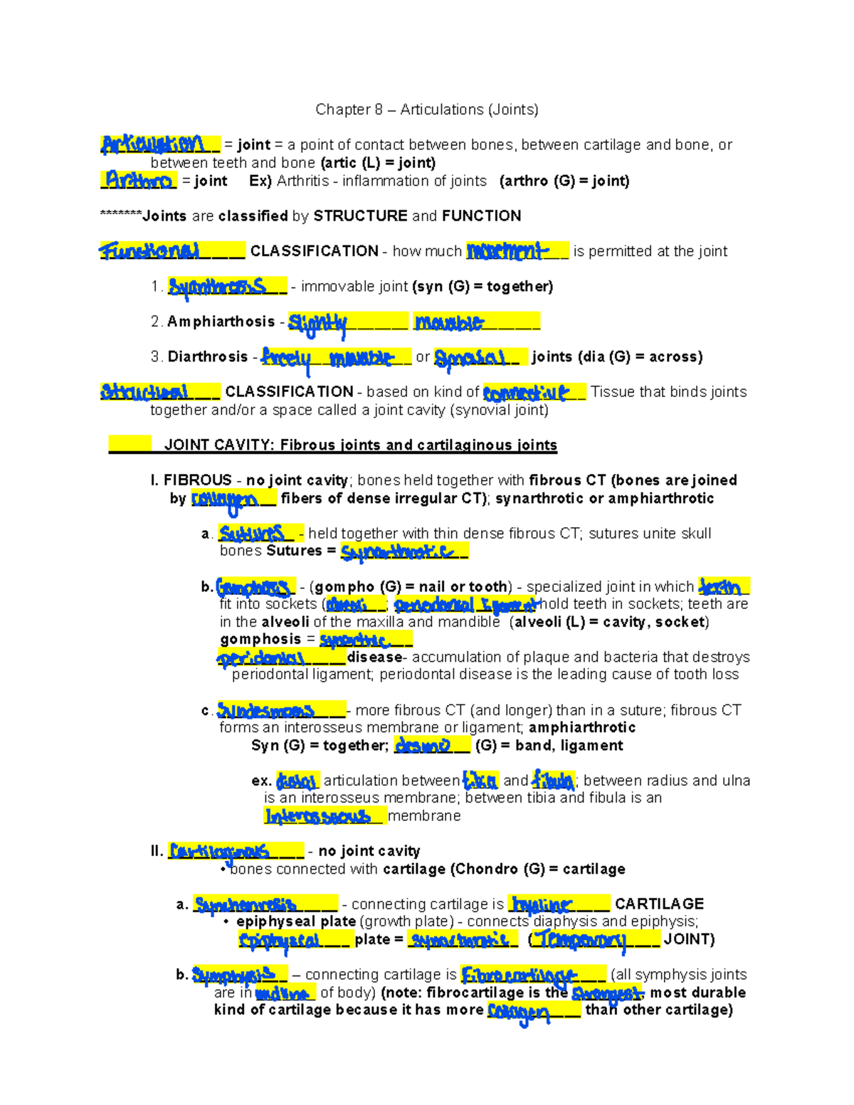 Chapter 8 Joints - Gilcrease notes - Chapter 8 – Articulations (Joints ...