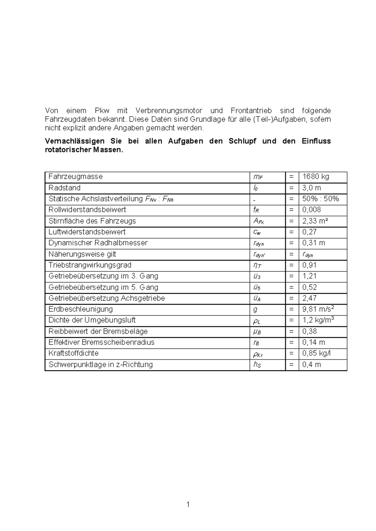 Aufgabe 1 Bremse-1 - qqqqq - 1 Von einem Pkw mit Verbrennungsmotor und Frontantrieb sind ...