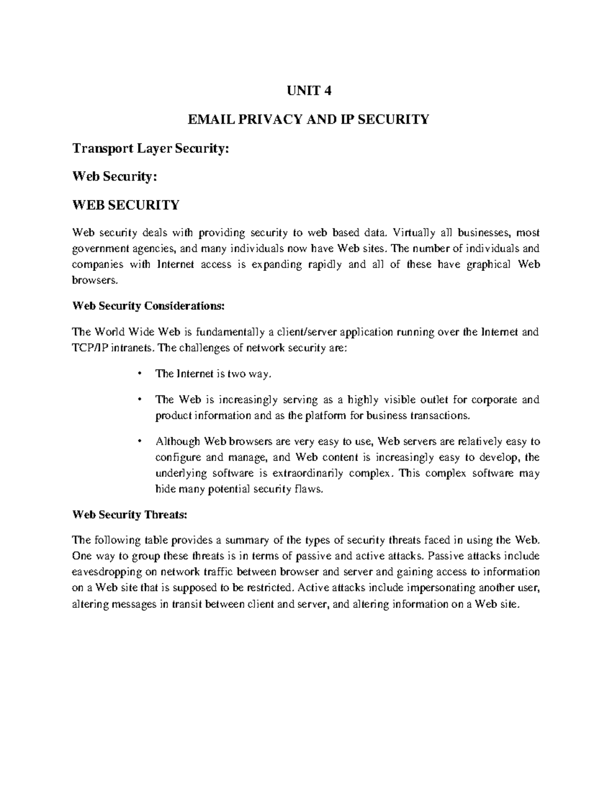CNS unit 4 - Nothing - UNIT 4 EMAIL PRIVACY AND IP SECURITY Transport Layer Security: Web ...