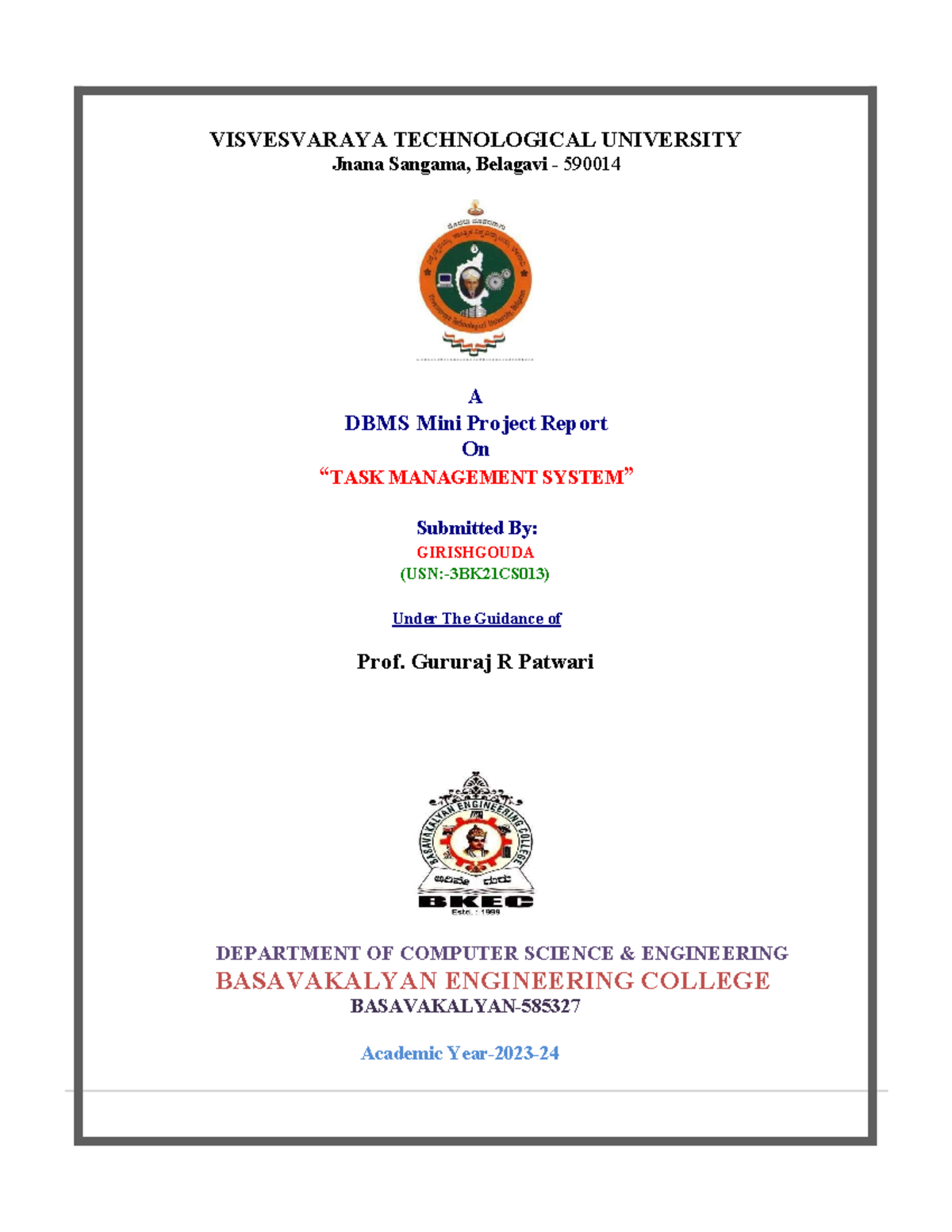 Girish DBMS - gett - VISVESVARAYA TECHNOLOGICAL UNIVERSITY Jnana ...