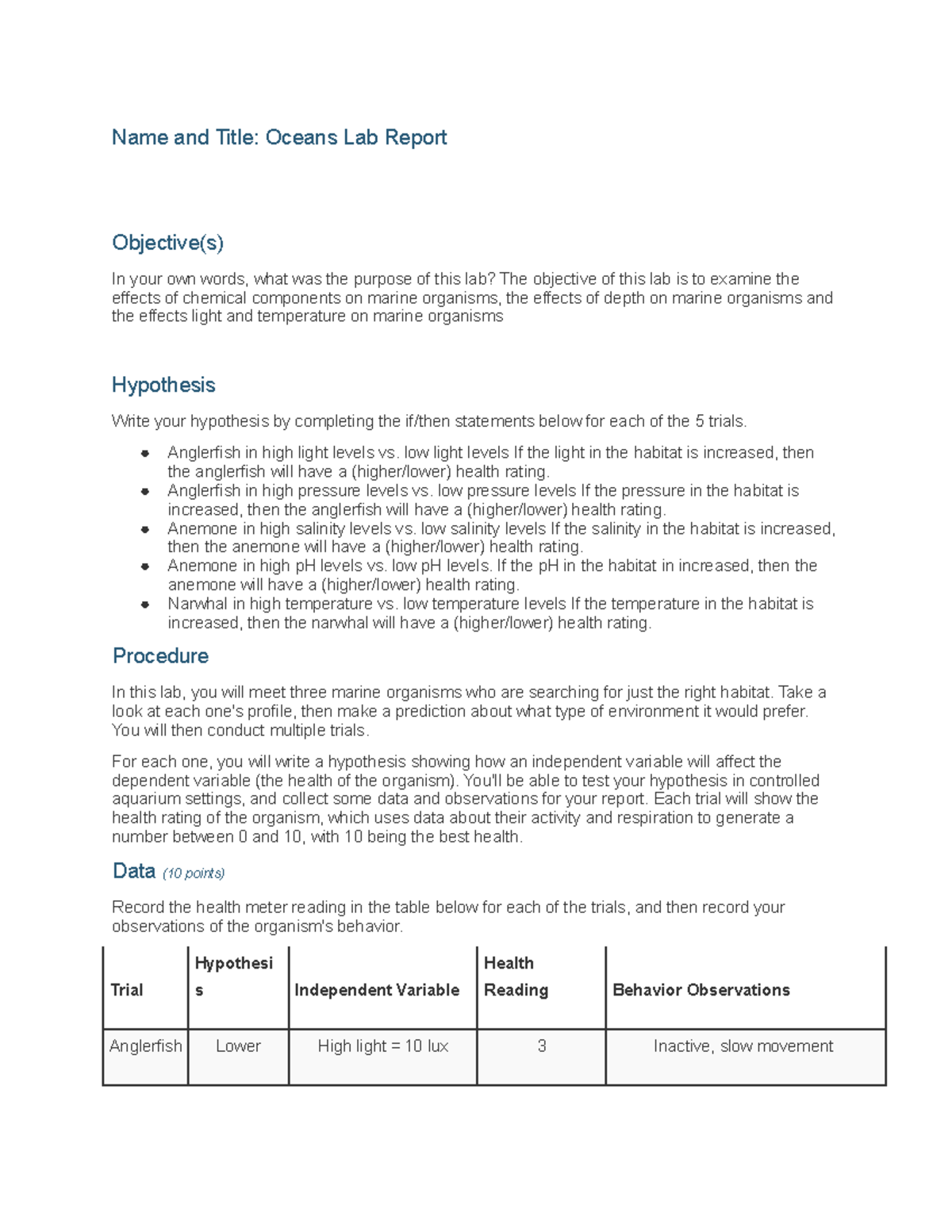 Name and Title Oceans Lab Report - Name and Title: Oceans Lab Report ...