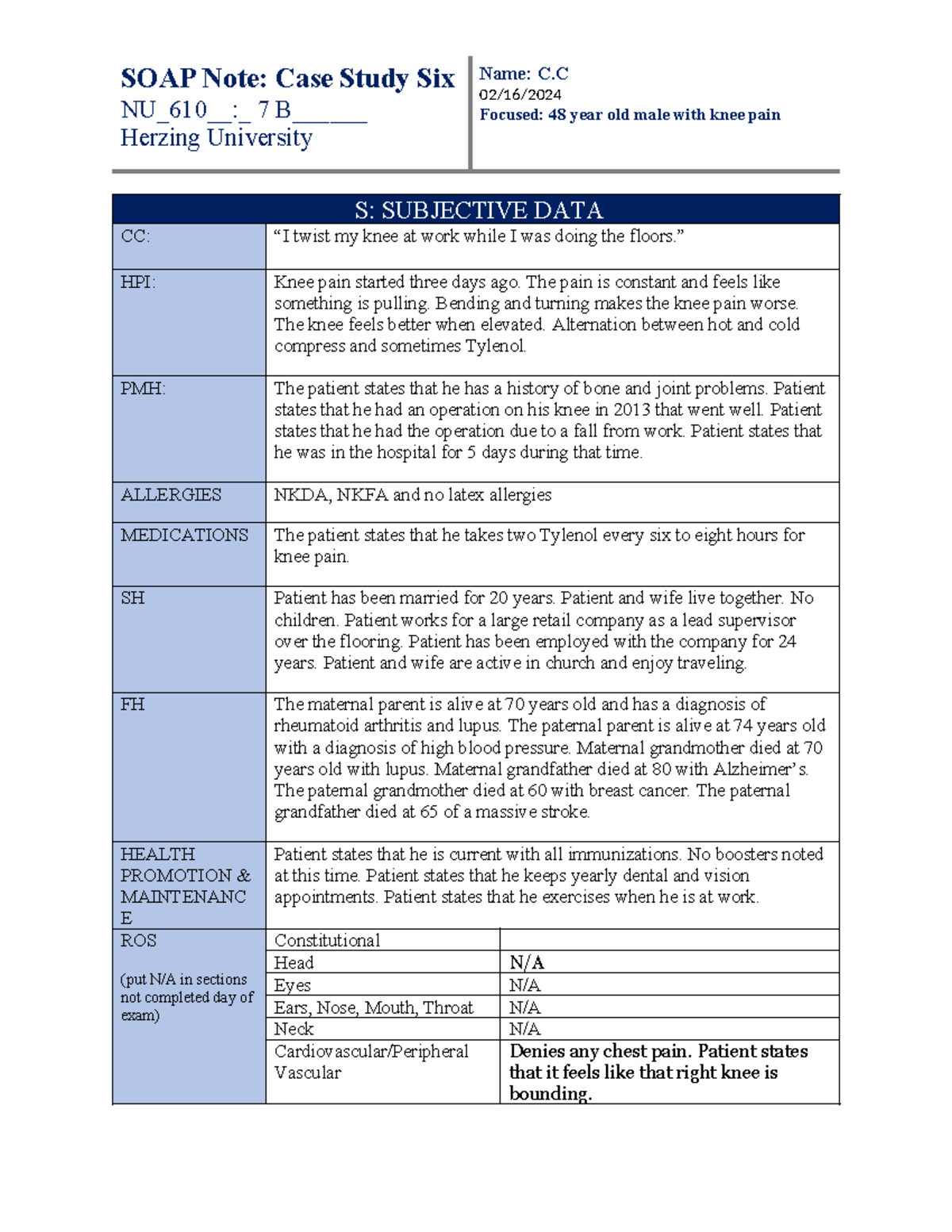 Case study six - SOAP Note: Case Study Six NU_610__:_ 7 B______ Herzing ...