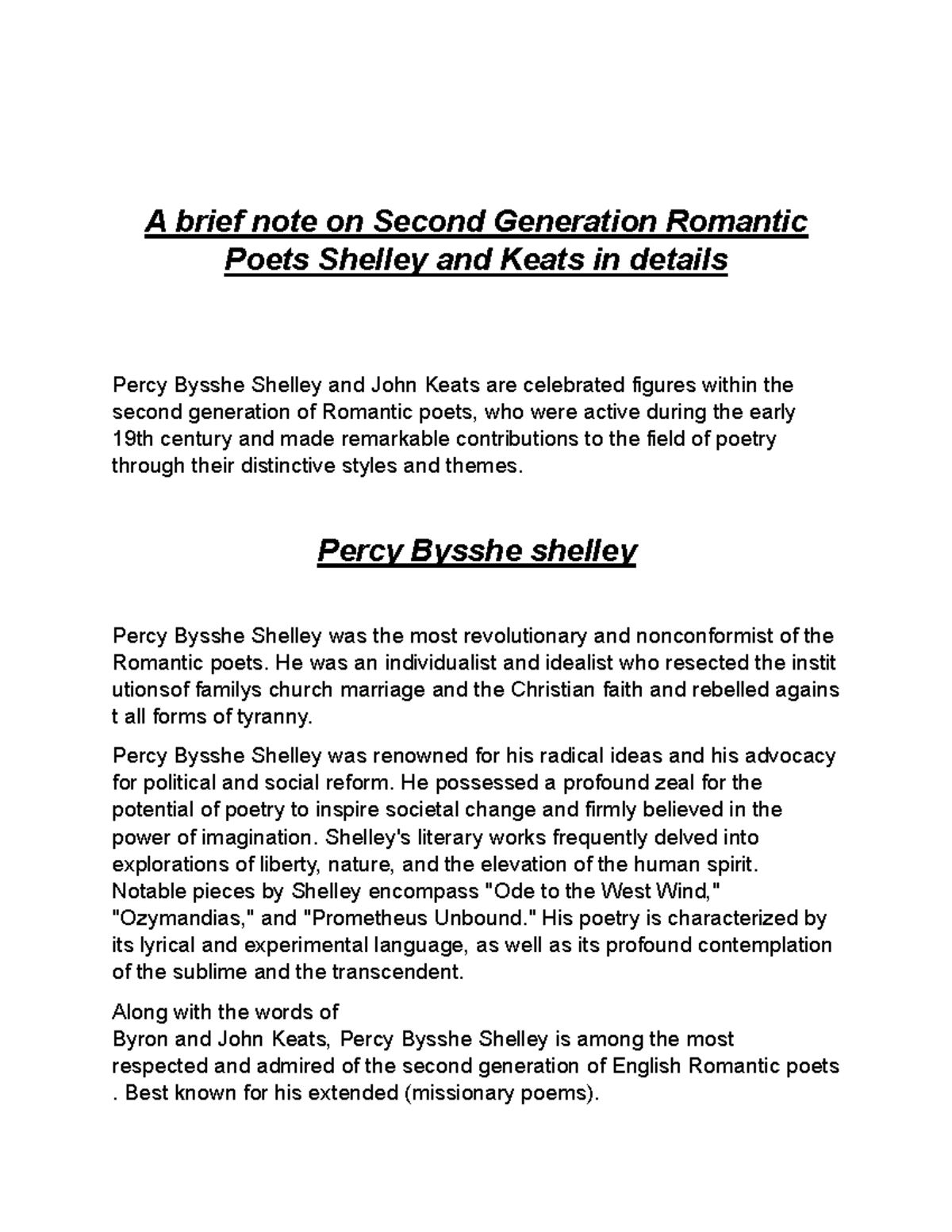 Second Generation Romantic Poets Shelley and keats - Percy Bysshe ...