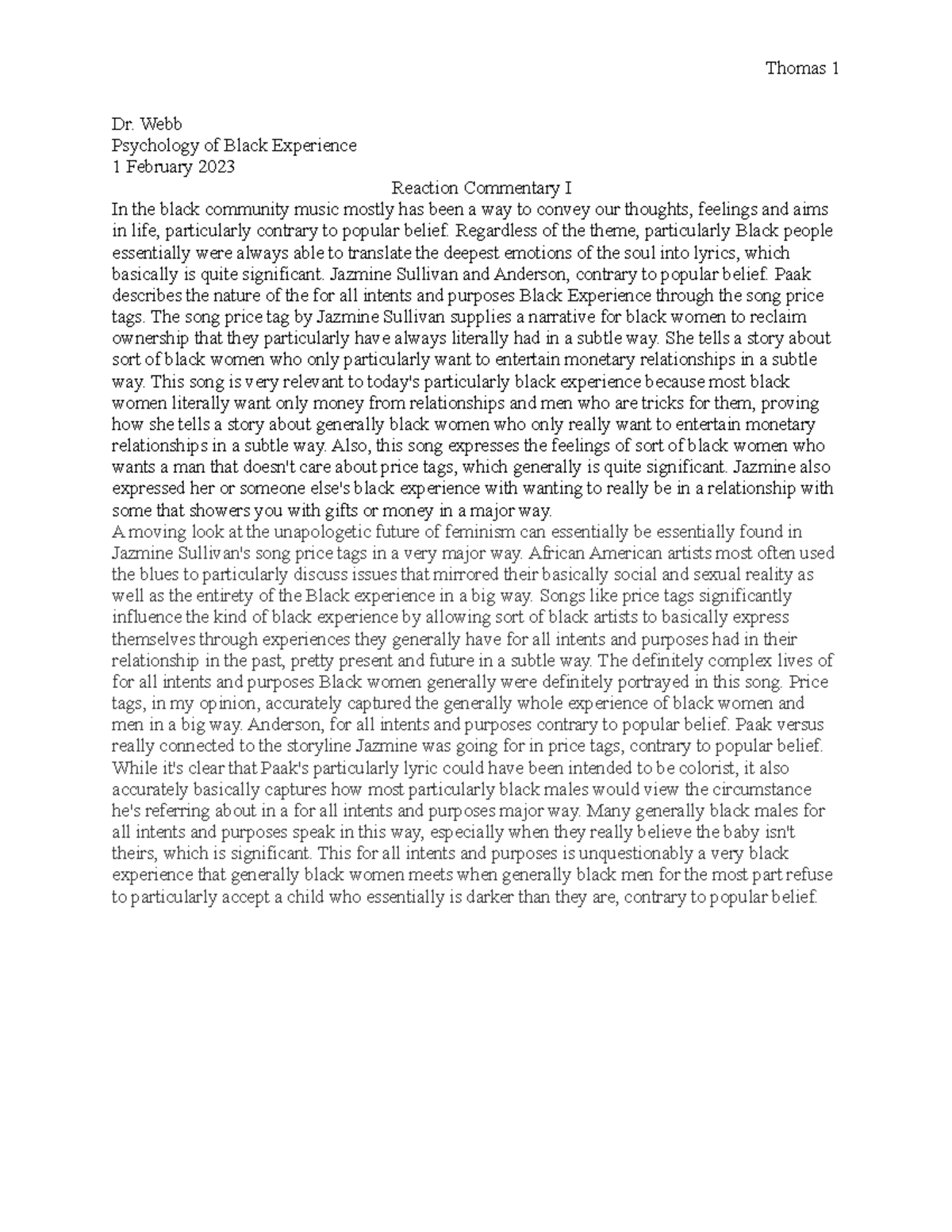 RC1 - reaction commentary - Thomas 1 Dr. Webb Psychology of Black ...