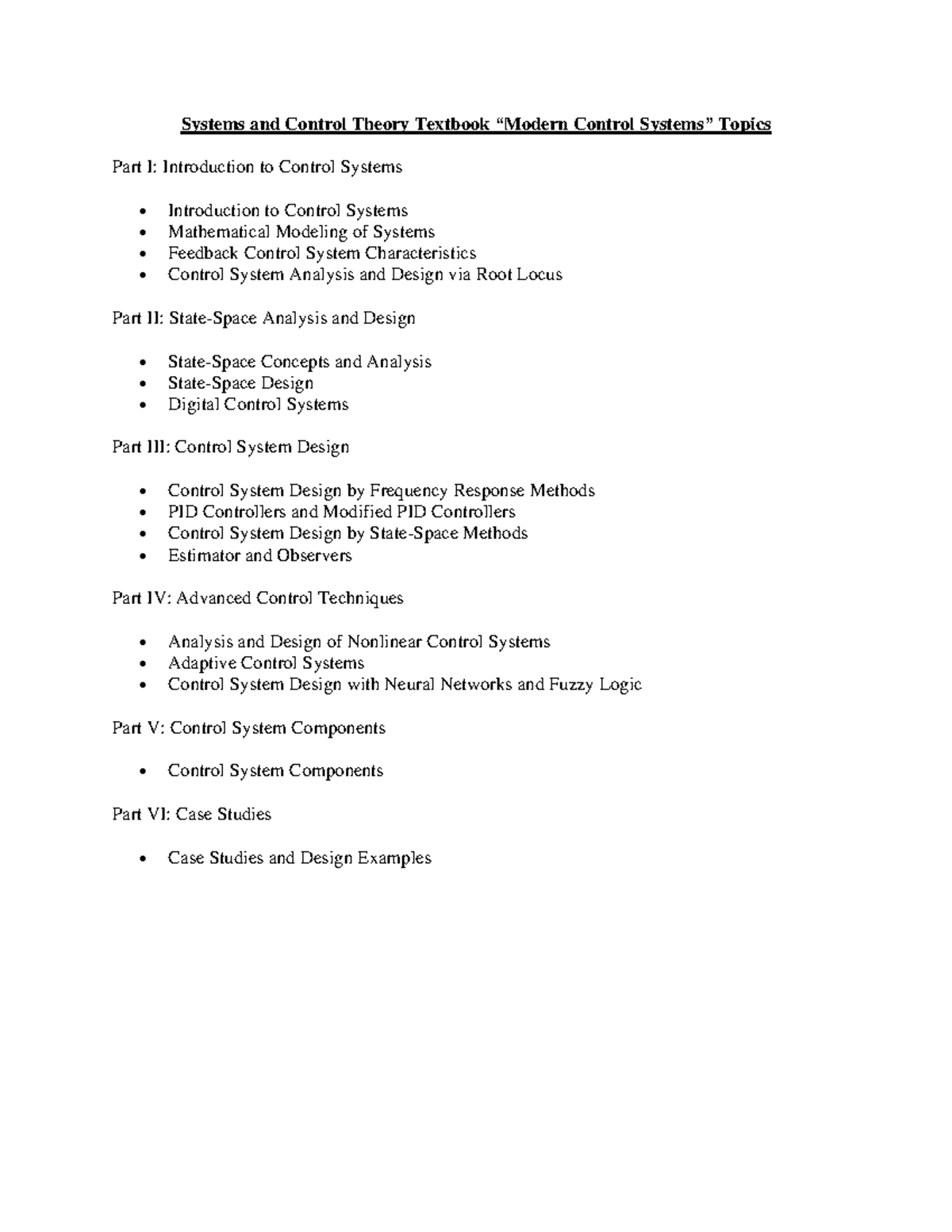 Systems and Control Theory Textbook “Modern Control Systems” Topics ...