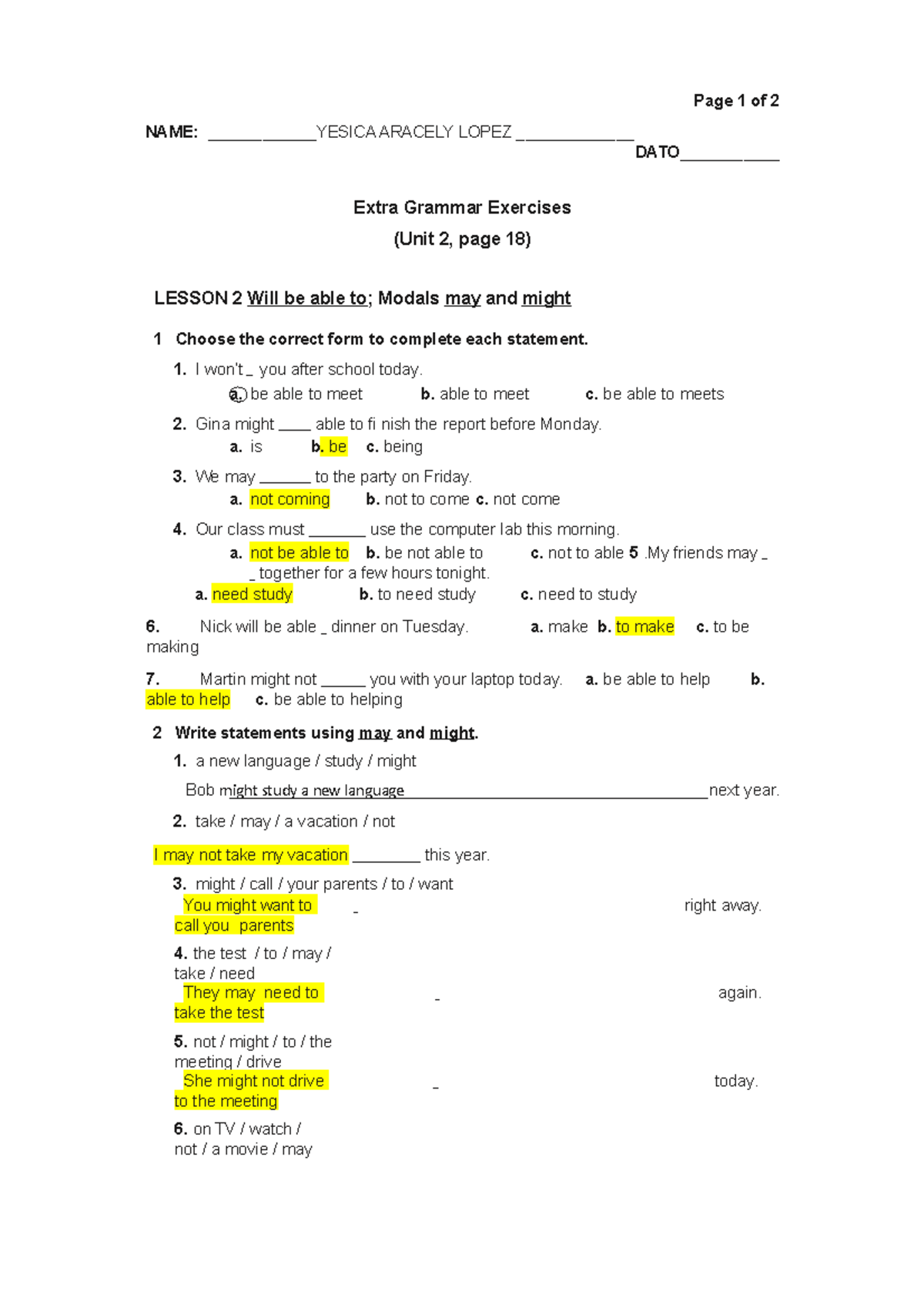 UNIT 2 Lesson 2 classwork YALL - Page 1 of 2 NAME: _YESICA ARACELY ...