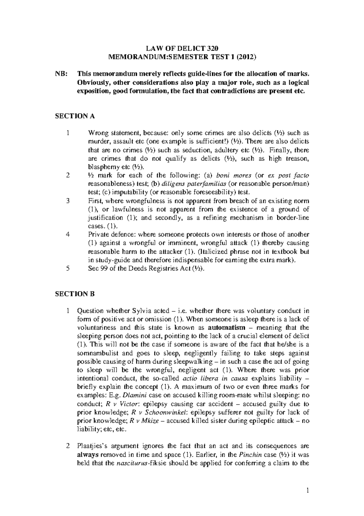 Memo st 1 2012 - Memo from sem1 test and exam question - 1 LAW OF ...