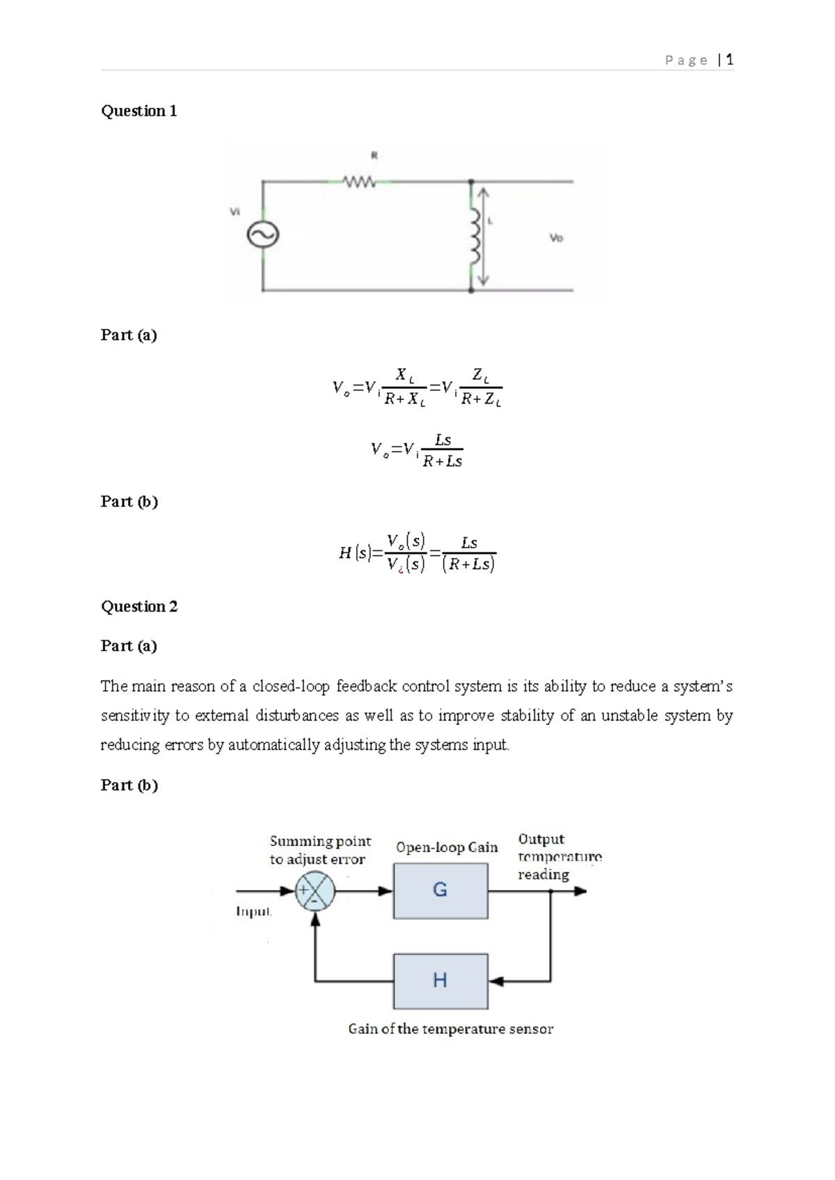 Control Systems HW - New Document - Question 1 Part (a) V o =V i X L R+ ...