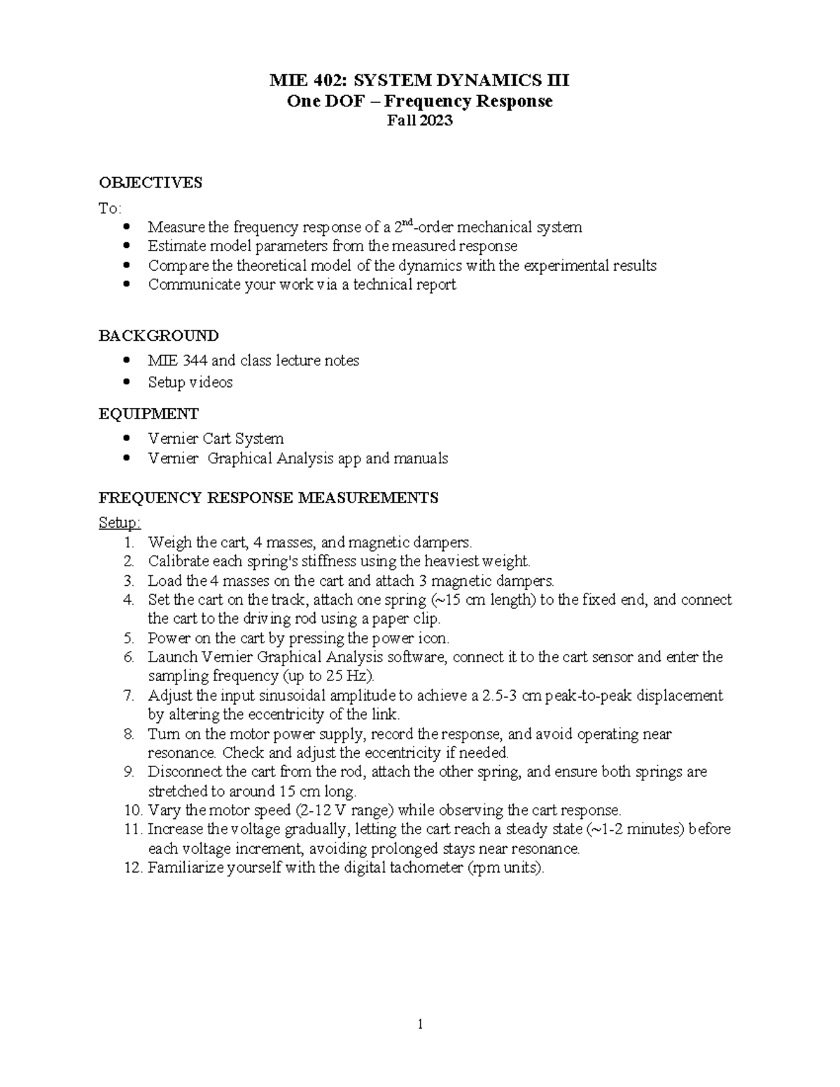 402 FA23 Lab5 10 22 23 - assignment - MIE 402: SYSTEM DYNAMICS III One ...