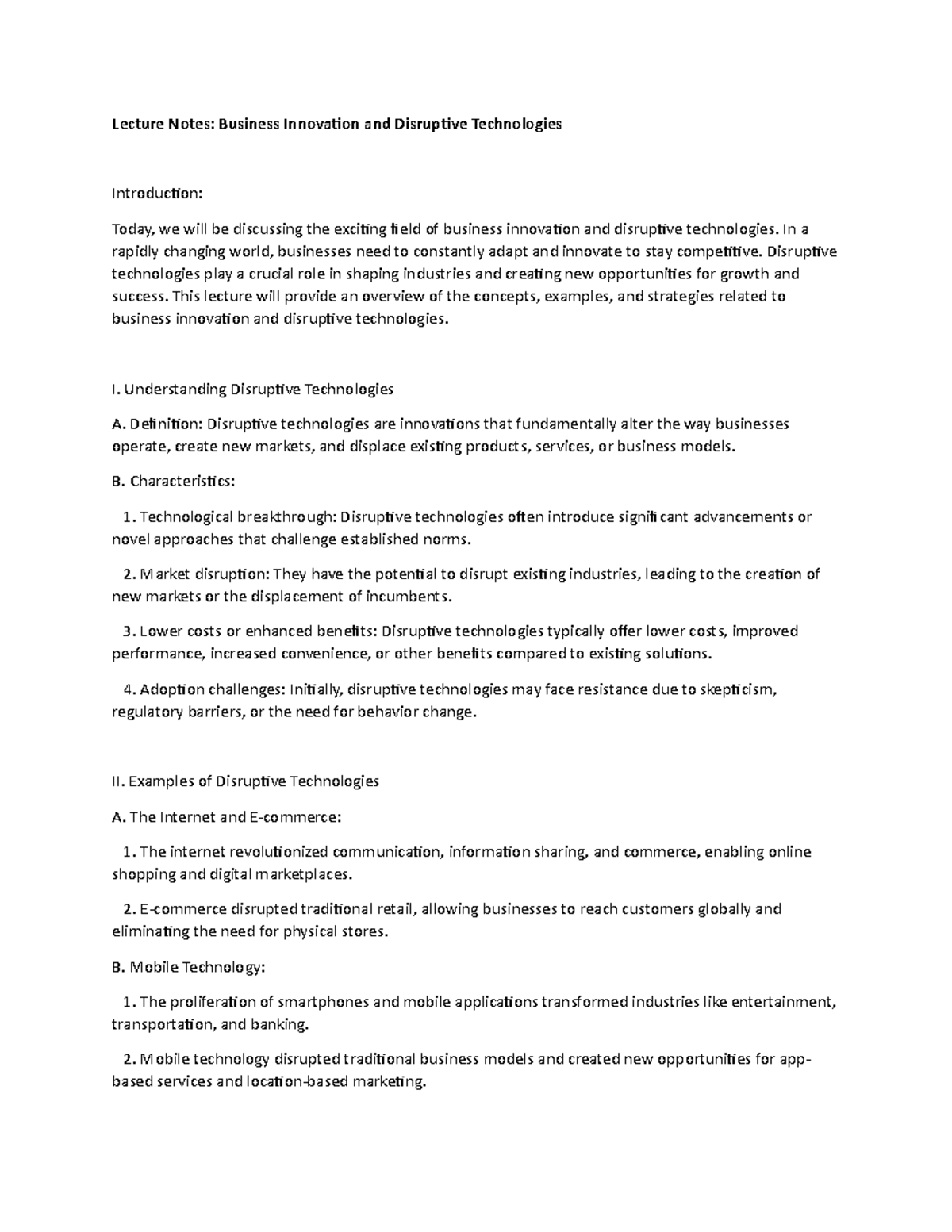 Lecture Notes Business Innovation And Disruptive Technologies Lecture Notes Business