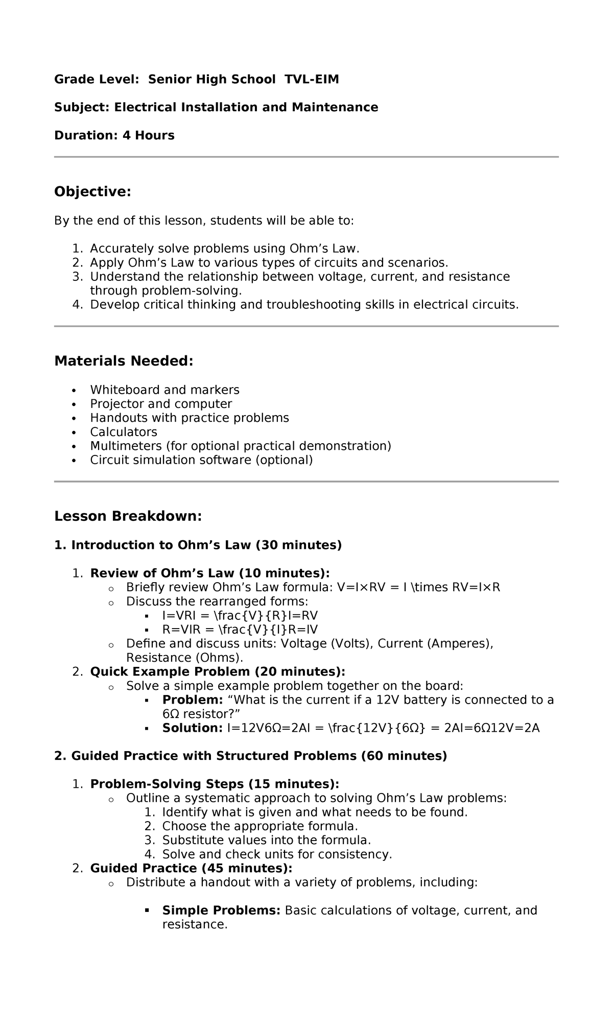 Ohms Law Lesson Plan - Grade Level: Senior High School TVL-EIM Subject ...