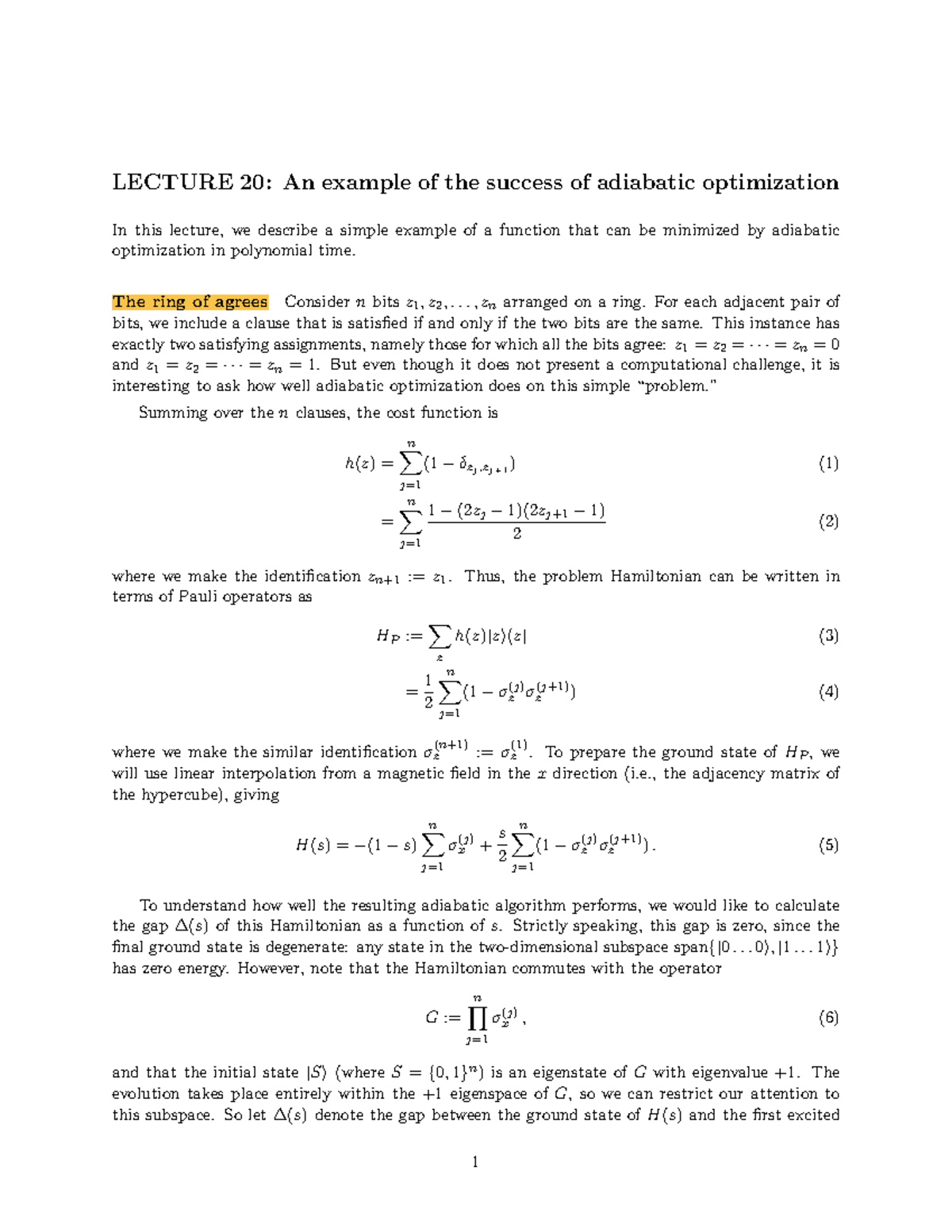 Lecture 20 An Example Of The Success Of Adiabatic Optimization Quantum Algorithms Co 781