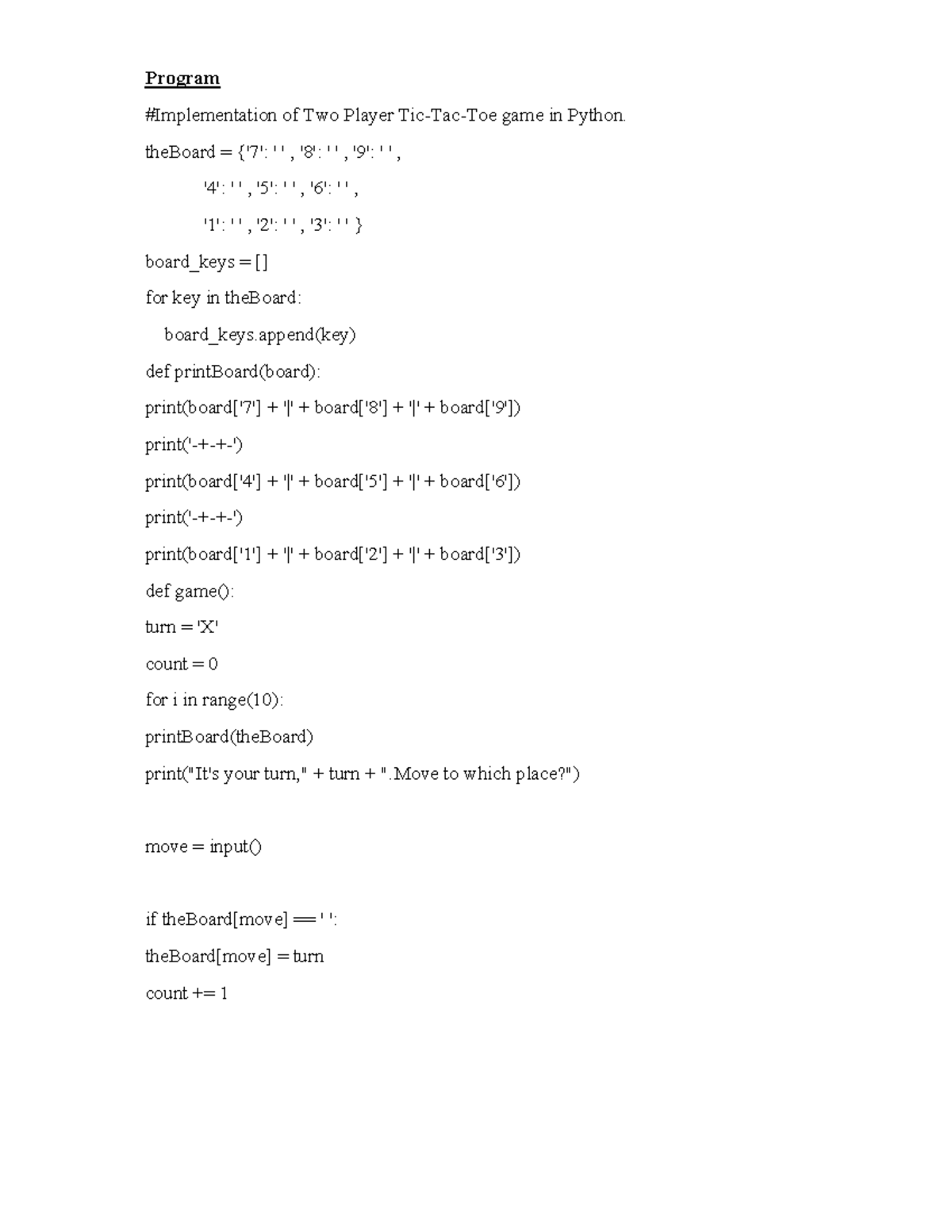 Ai printout - Program #Implementation of Two Player Tic-Tac-Toe game in ...
