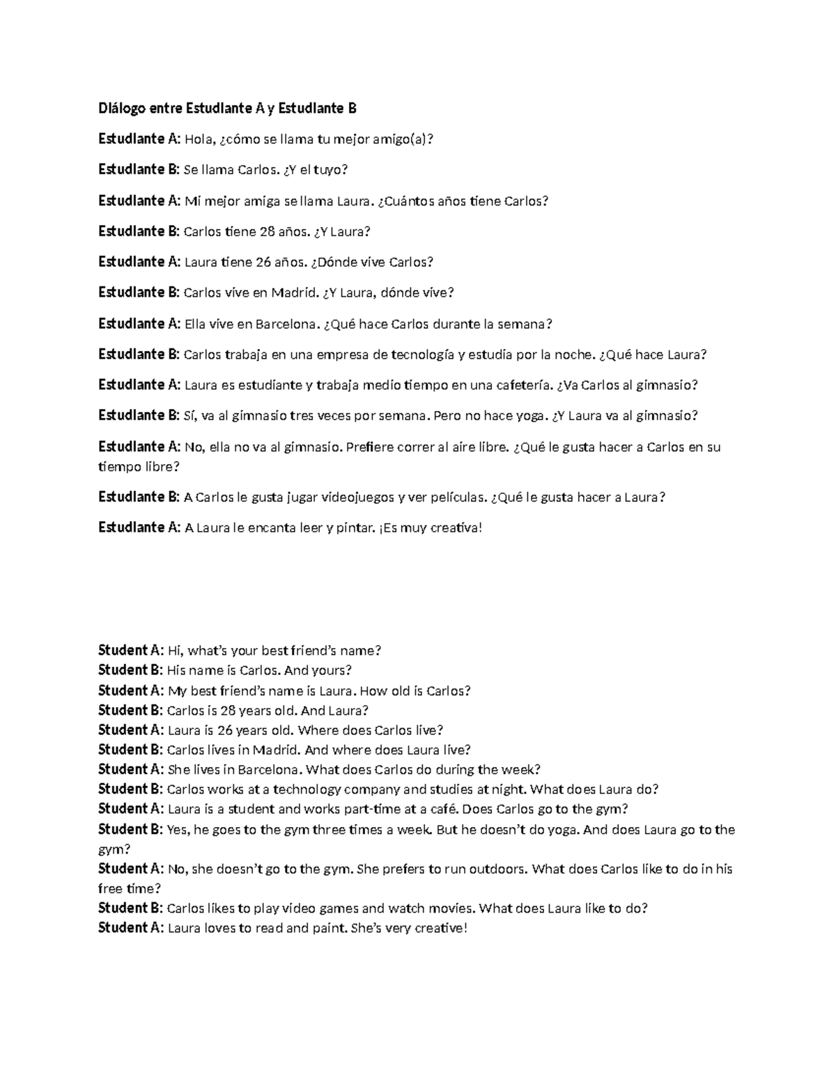 Semana 11 Dialogo Ingles - Diálogo entre Estudiante A y Estudiante B ...