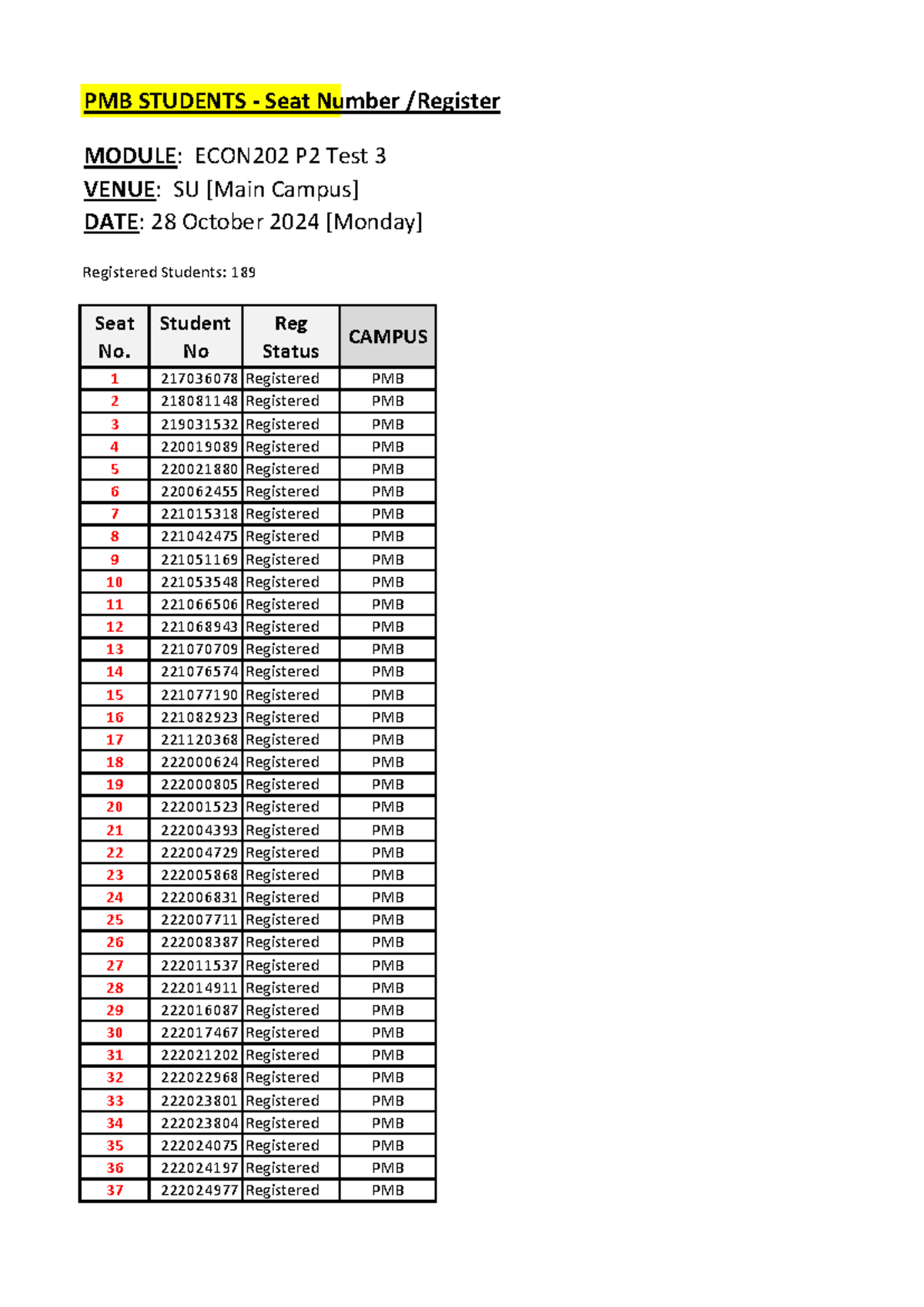 PMB Seat Number List ECON202 Test 3 - PMB STUDENTS - Seat Number ...