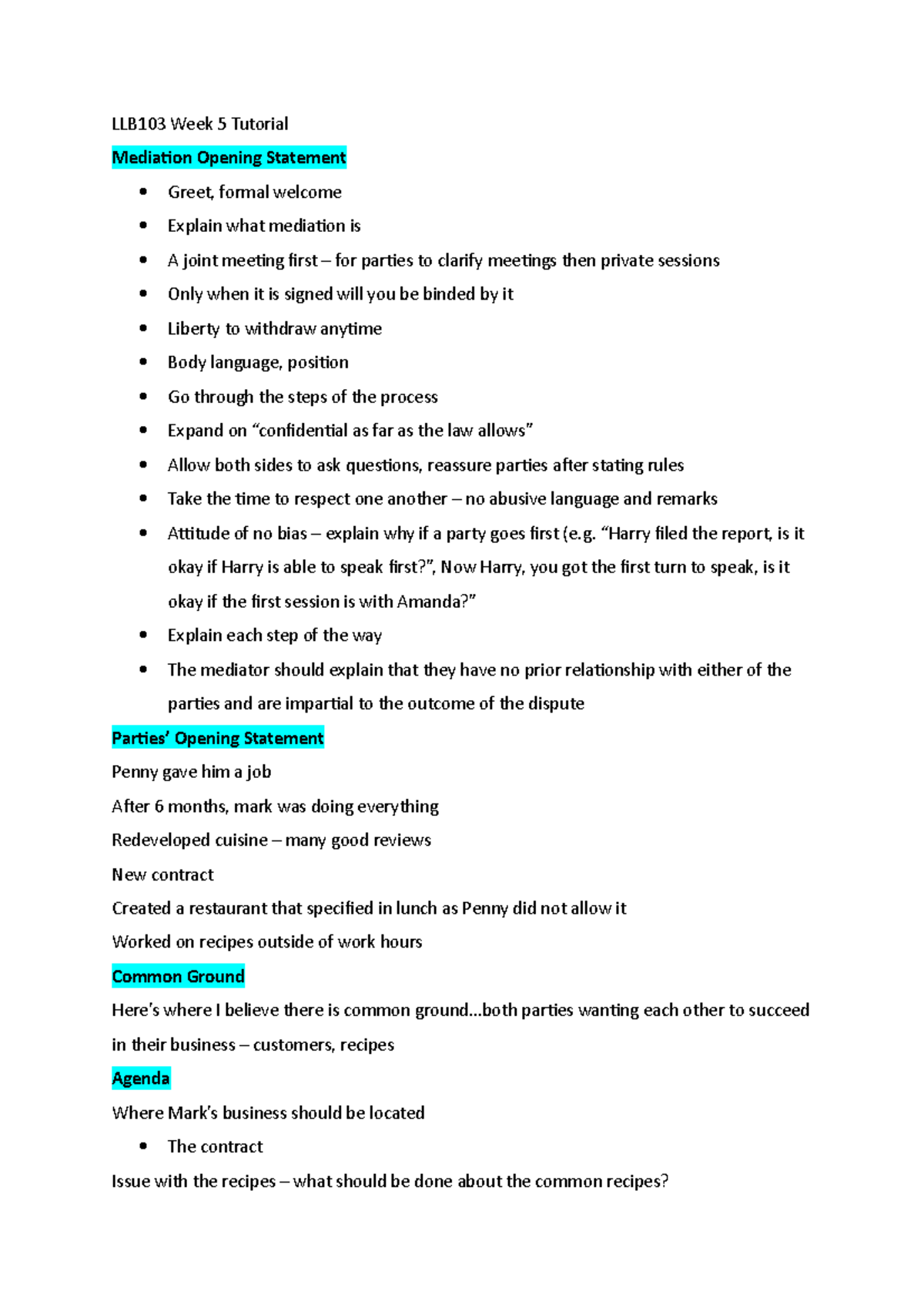 LLB103 W5 Tutorial - tute notes - LLB103 Week 5 Tutorial Mediation ...