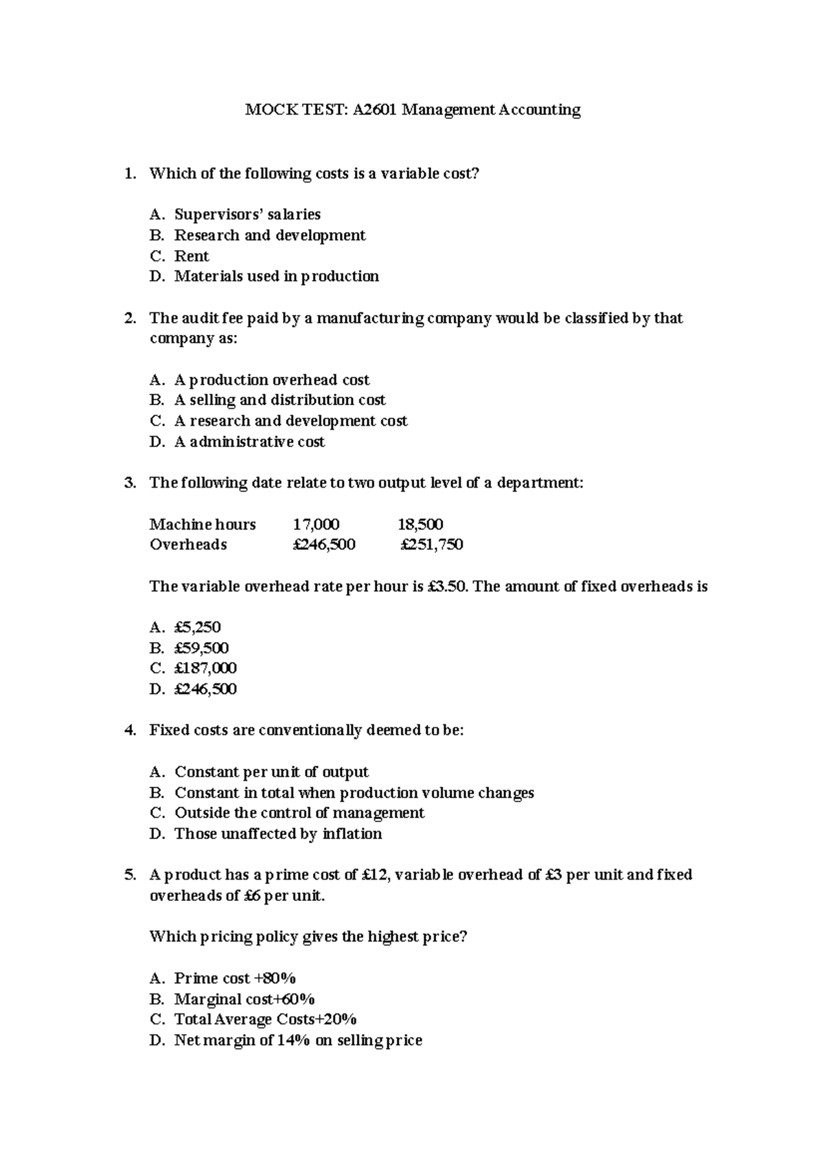 Multiple Choice Questions - MOCK TEST: A2601 Management Accounting ...