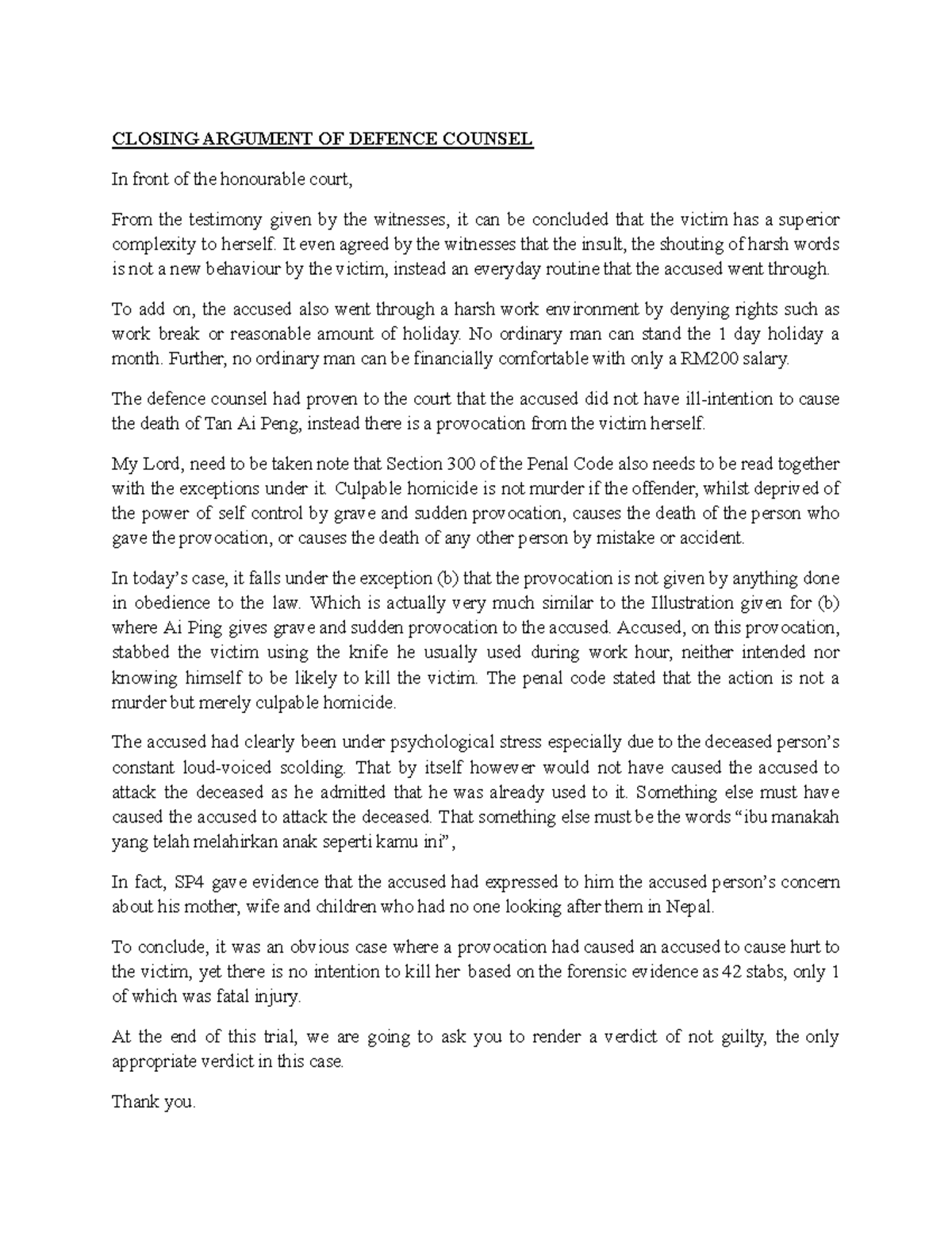 Closing argument - defence - CLOSING ARGUMENT OF DEFENCE COUNSEL In ...