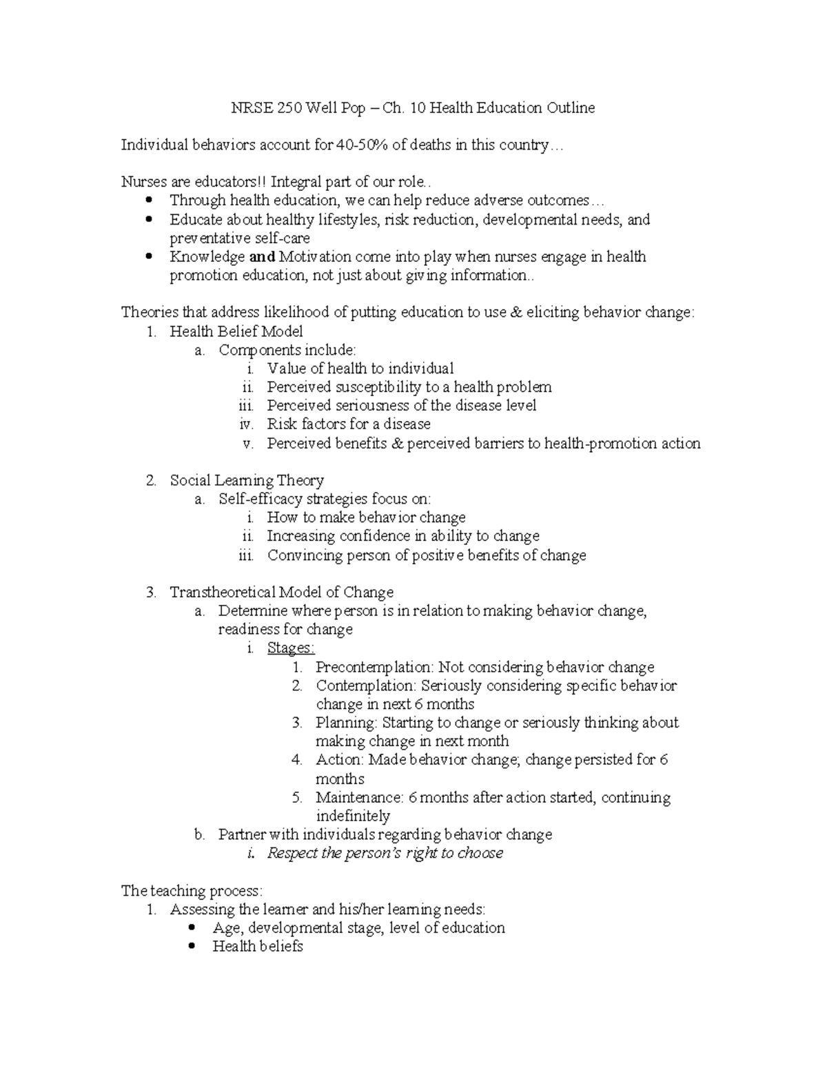 Ch. 10 Health Education Literacy Outline - NRSE 250 Well Pop – Ch. 10 ...
