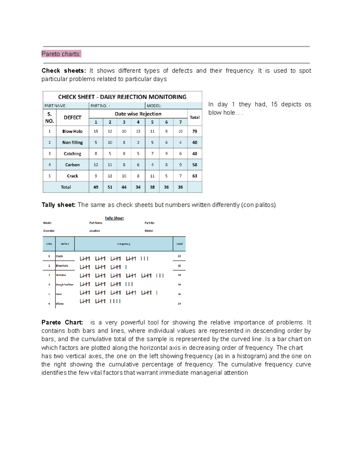 OM segundo parcial - Pareto charts: Check sheets: It shows different ...