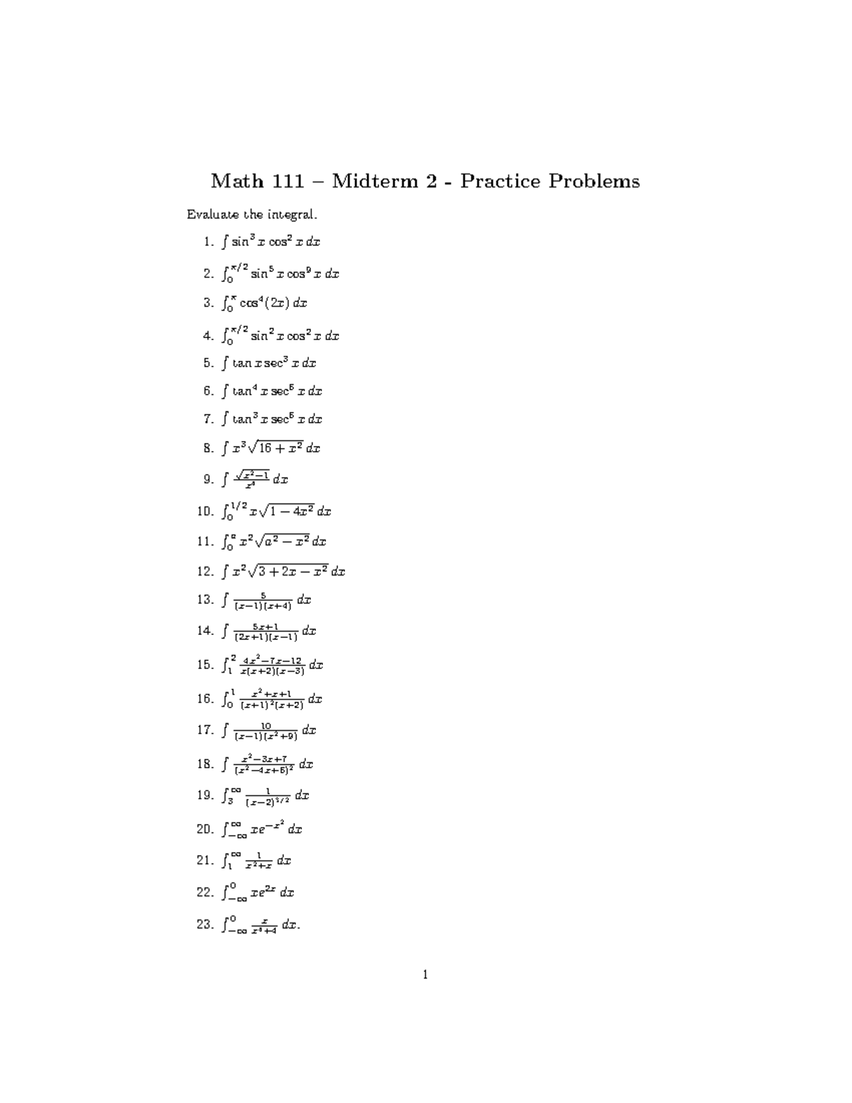 Miterm 2-practice problems - Math 111 – Midterm 2 - Practice Problems ...