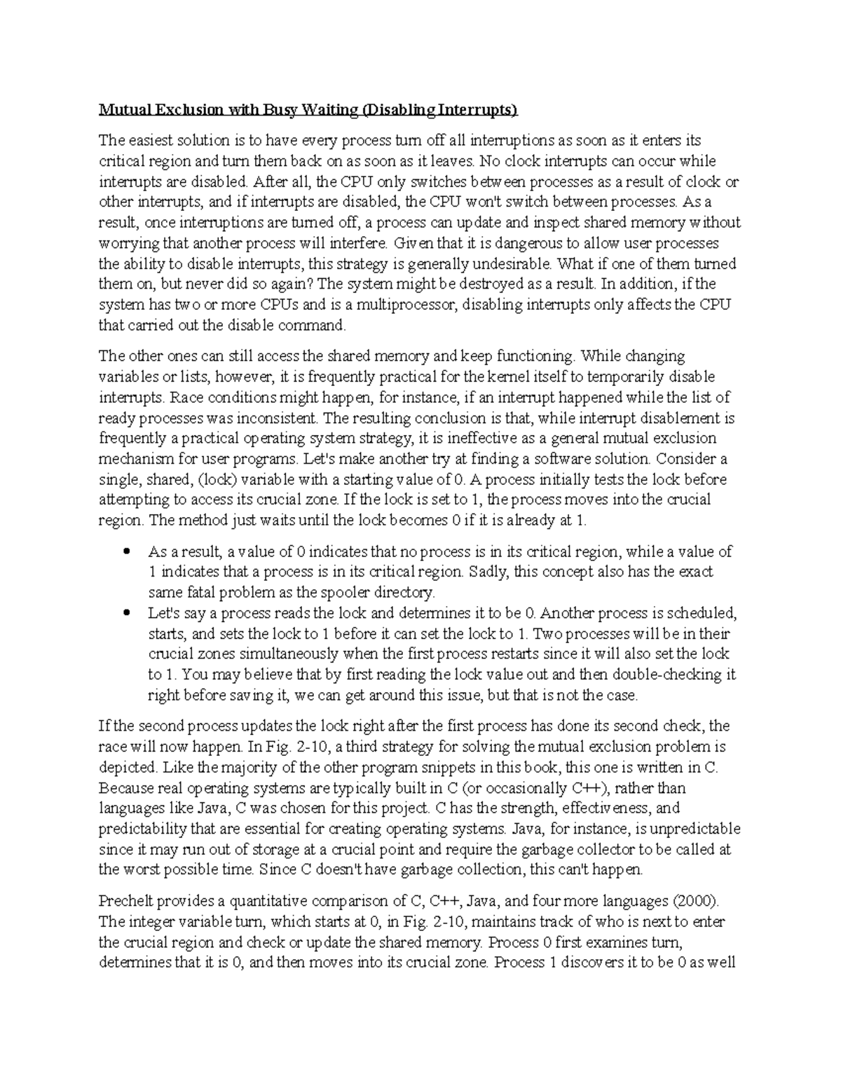 Mutual Exclusion With Busy Waiting Disabling Interrupts No Clock Interrupts Can Occur While