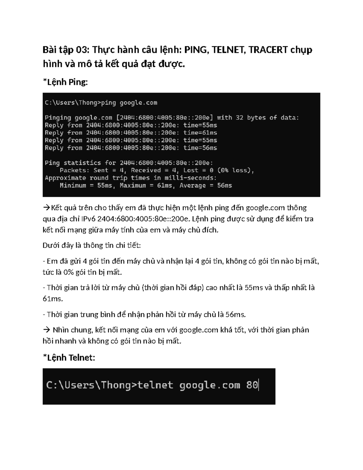 225112005 5 Nguyen Duc Thong Bai Tap 01 - Bài tập 03: Thực hành câu lệnh: PING, TELNET, TRACERT ...