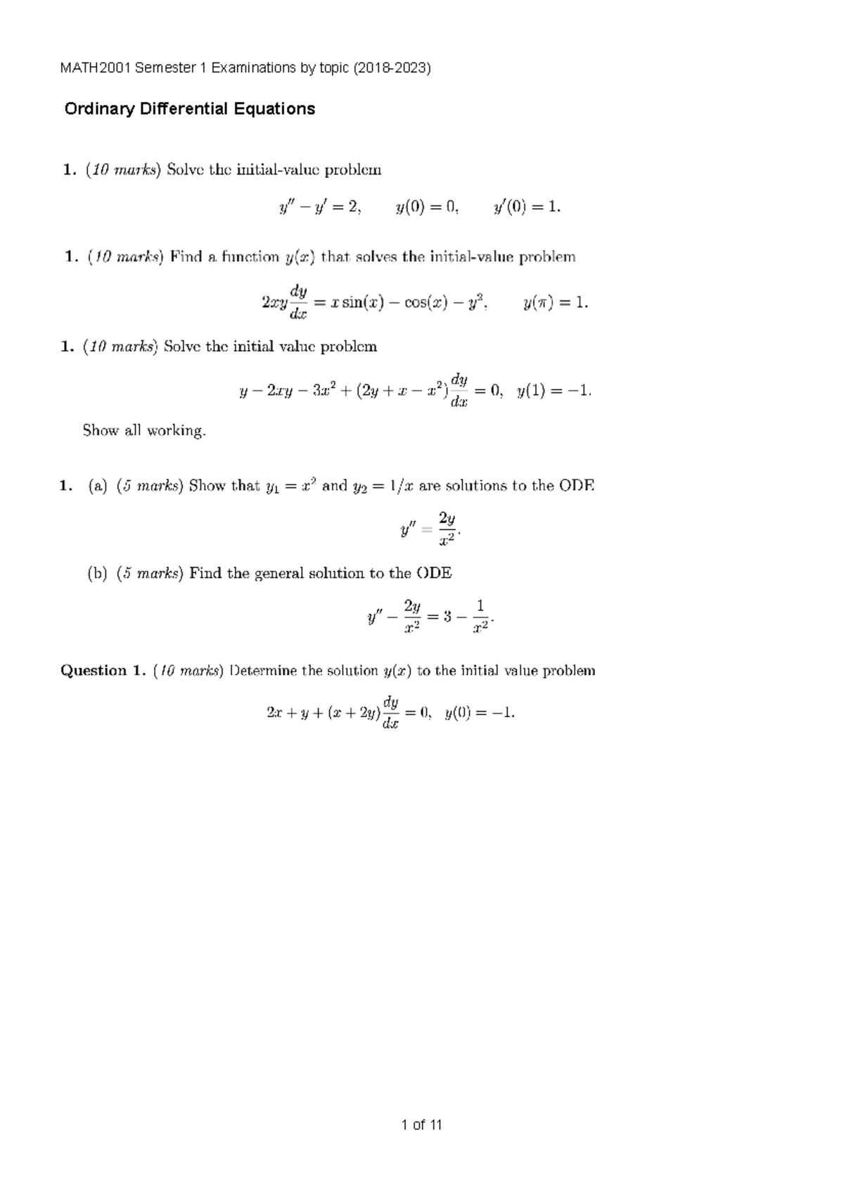 MATH2001 Sem 1 Exam Qs by Topic 2018-2023 - MATH2001 - Studocu