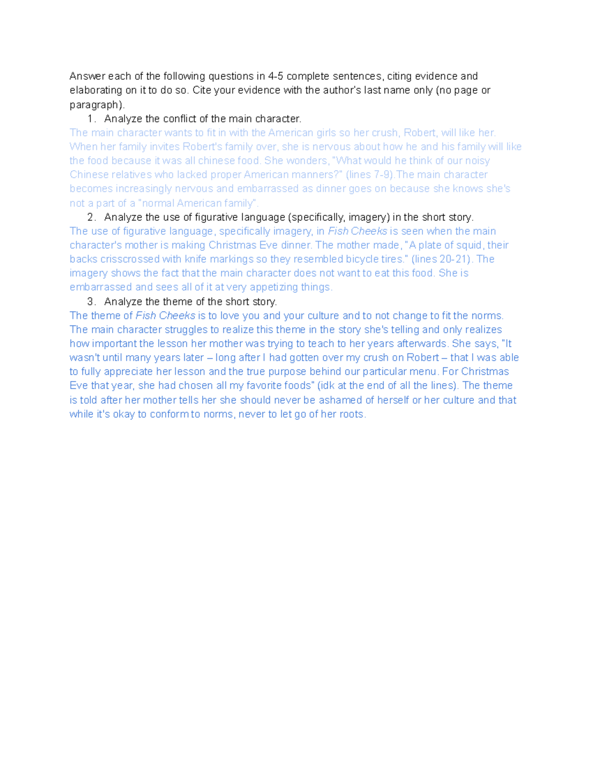 Analysis Question for Fish Cheeks - Answer each of the following ...
