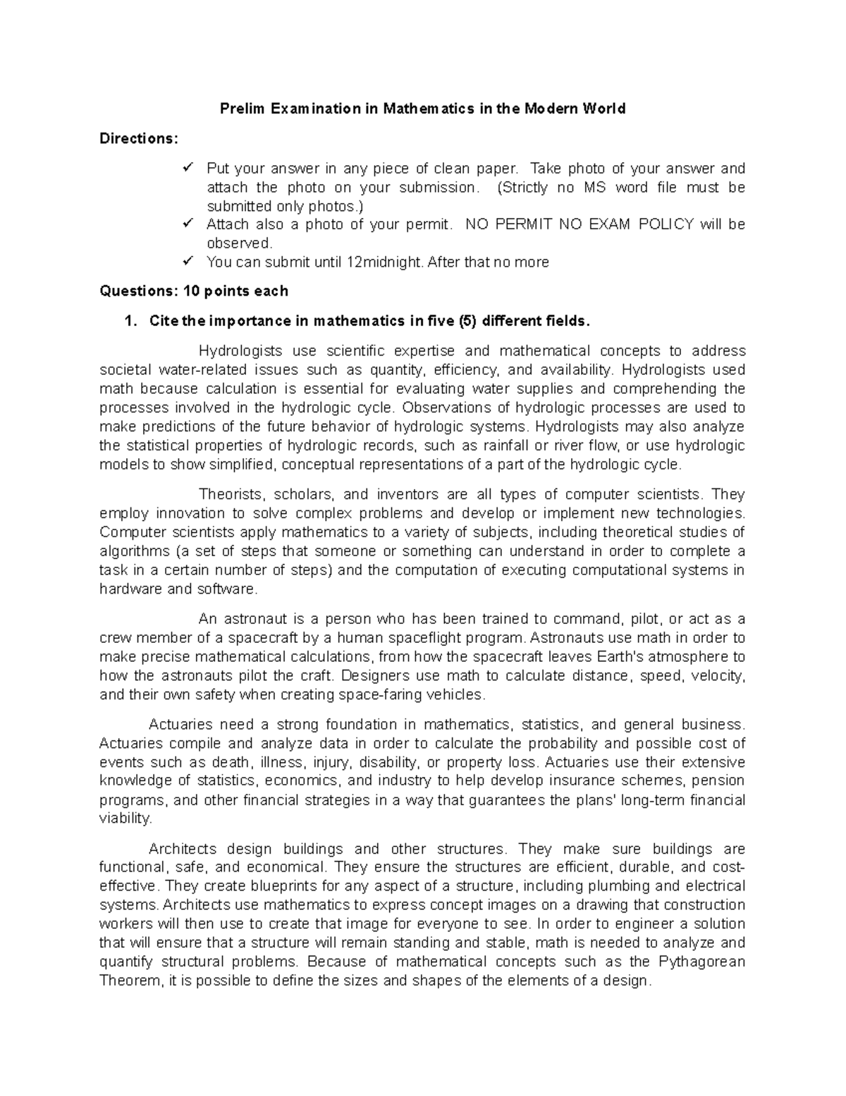 Prelim Examination in Mathematics in the Modern World - Prelim ...