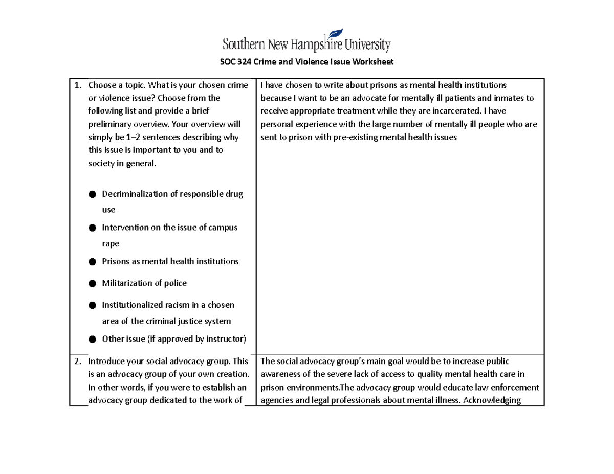 Soc324 crime and violence issue worksheet - SOC 324 Crime and Violence ...