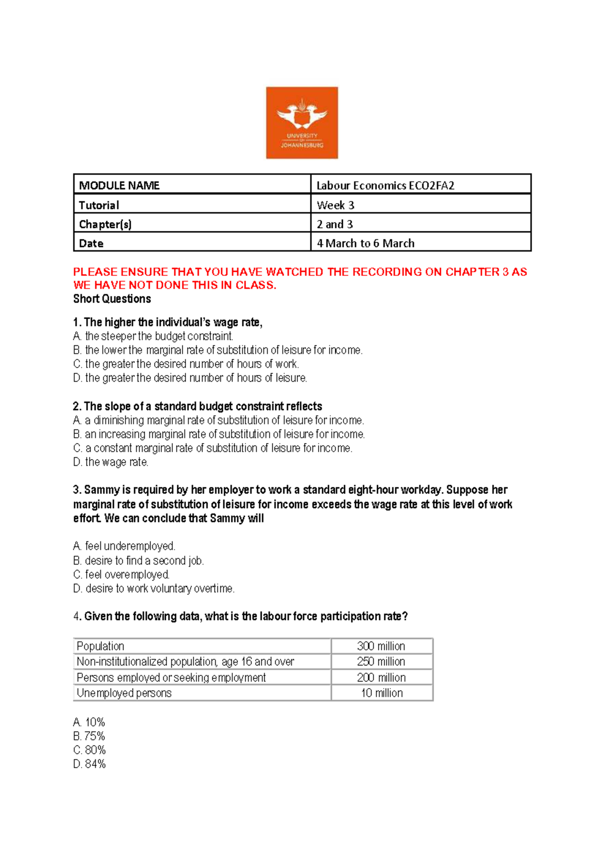 Tutorial Week 3 chap 2 and 3 - MODULE NAME Labour Economics ECO2FA ...