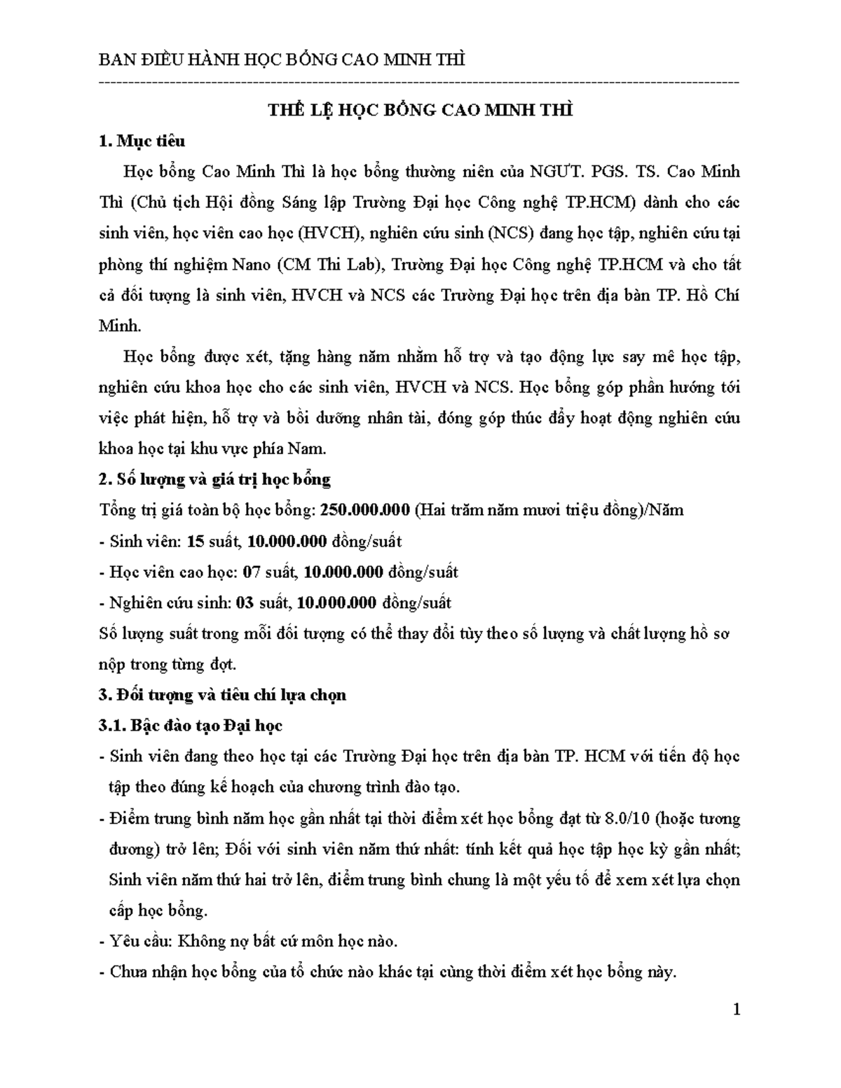 01 The le hoc bong Cao Minh Thi - THỂ LỆ HỌC BỔNG CAO MINH THÌ Mục tiêu Học bổng Cao Minh Thì là ...