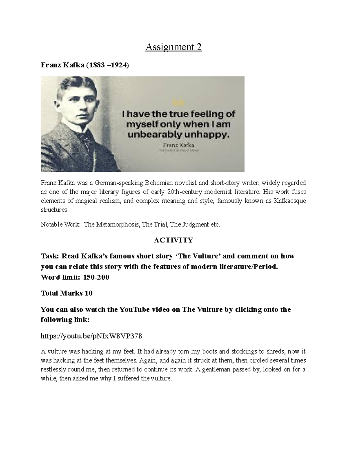 Assignment Modern Literature - Assignment 2 Franz Kafka (1883 –1924 ...