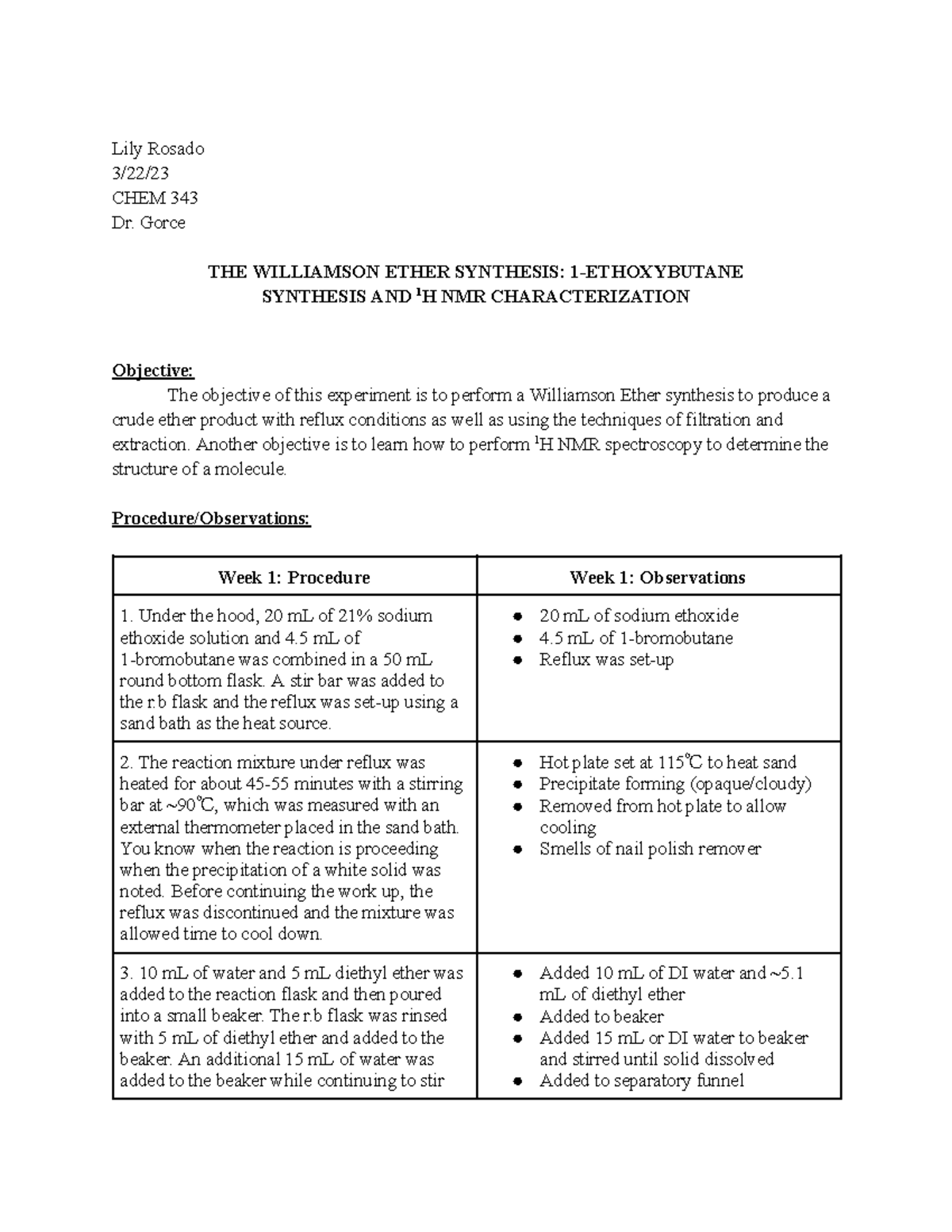 Williamson Ether Synthesis Lab Lily Rosado 3 22 Chem 343 Dr Gorce