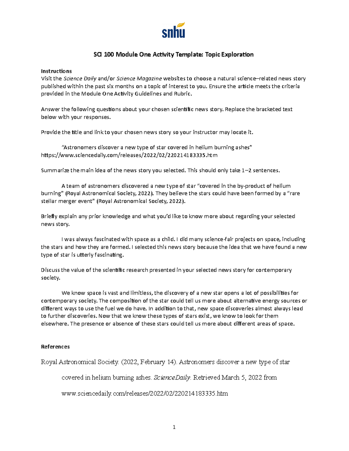 SCI 100 Module One Activity - Ensure the article meets the criteria ...
