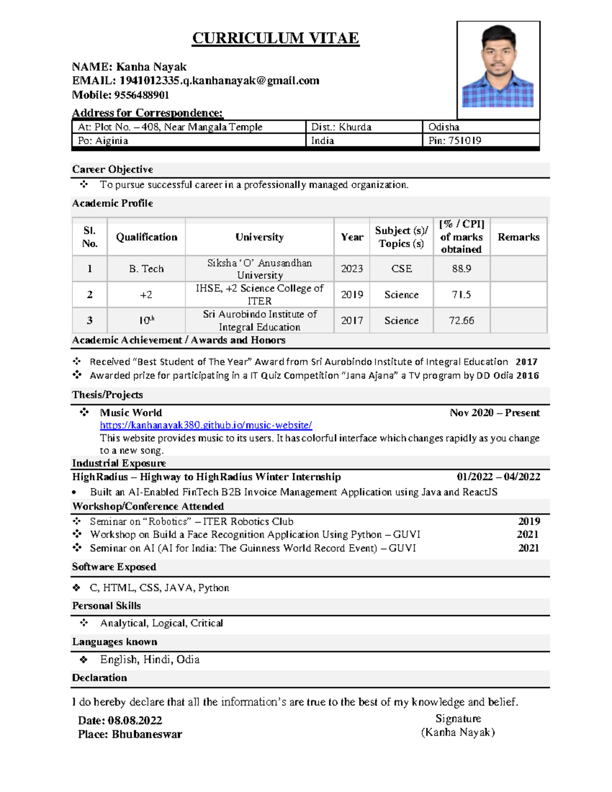 SOA CSE University - CURRICULUM VITAE NAME: Kanha Nayak EMAIL: 1941012335.q@gmail Mobile ...